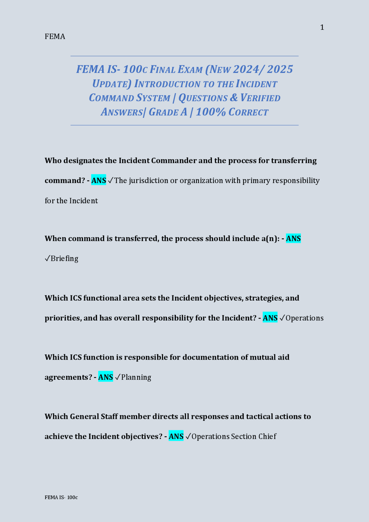 FEMA IS- 100C FINAL EXAM (NEW 2024/ 2025 UPDATE) INTRODUCTION TO THE ...