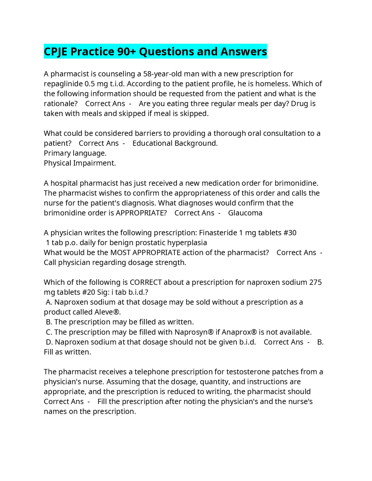 CPJE Practice 90+ Questions and Answers | Exams Nursing | Docsity