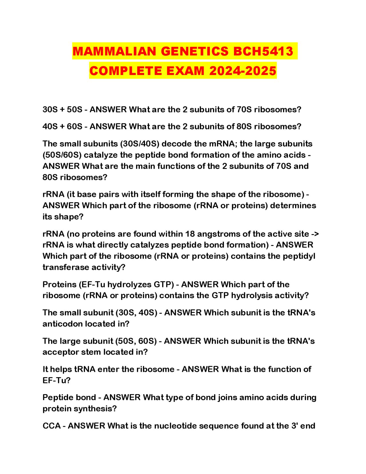 Mammalian Genetics: Exam 2 - Ribosomes, Translation, and Protein ...