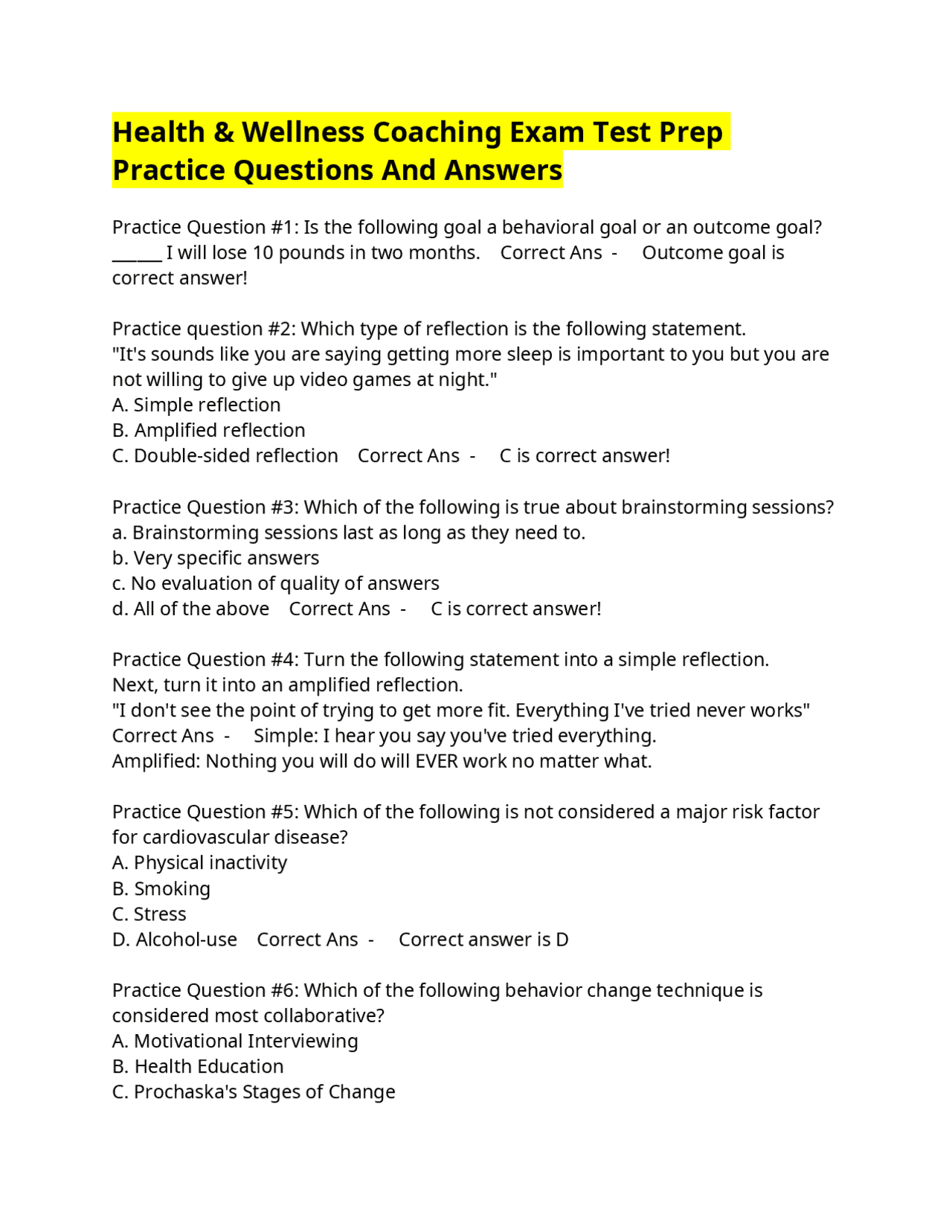 Health & Wellness Coaching Exam Test Prep: Practice Questions and ...