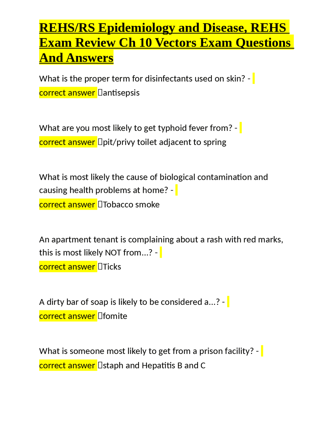 REHS/RS Epidemiology and Disease, REHS Exam Review Ch 10 Vectors Exam ...