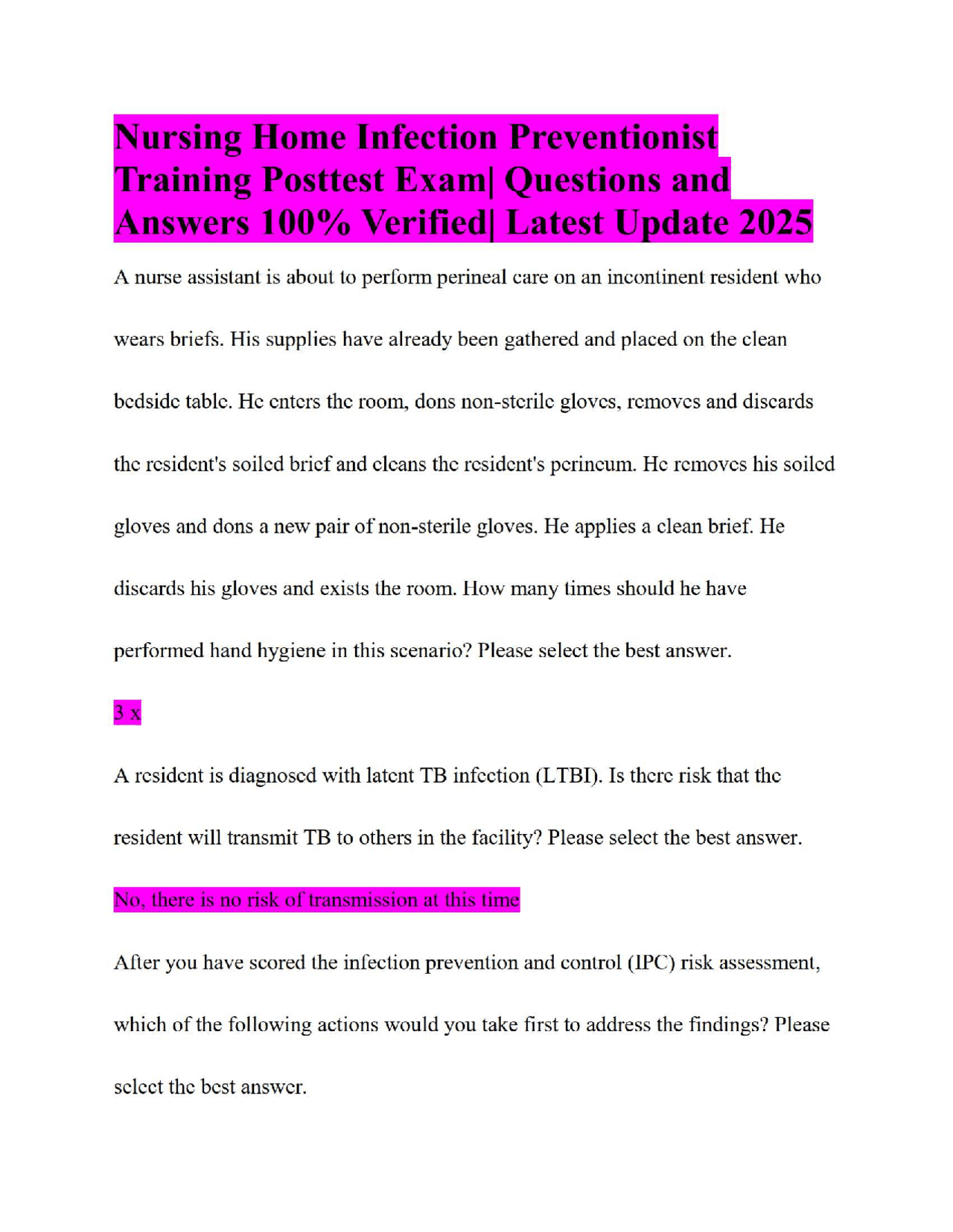 Nursing Home Infection Preventionist Training Posttest Exam| Questions ...