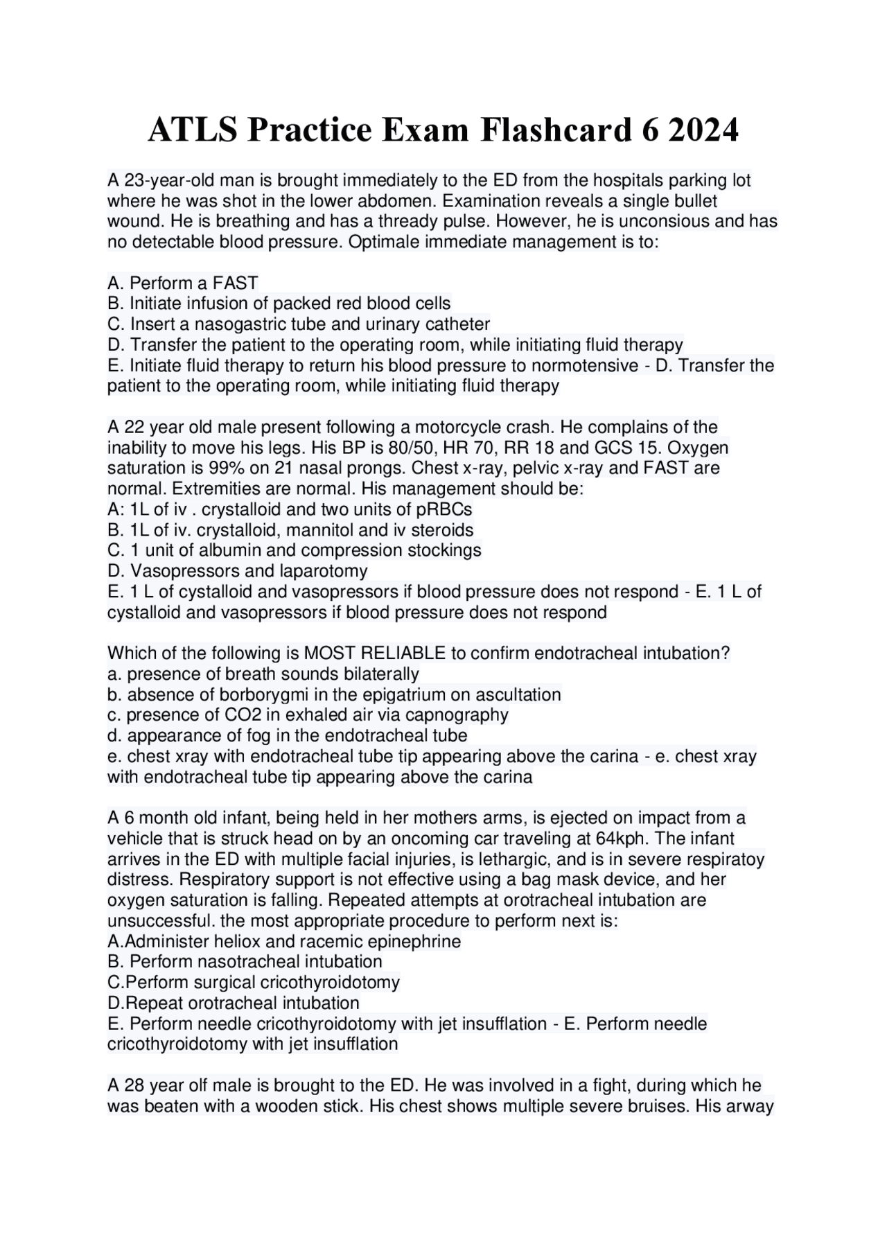 ATLS Practice Exam Flashcard 6 2024: Multiple Choice Questions and ...