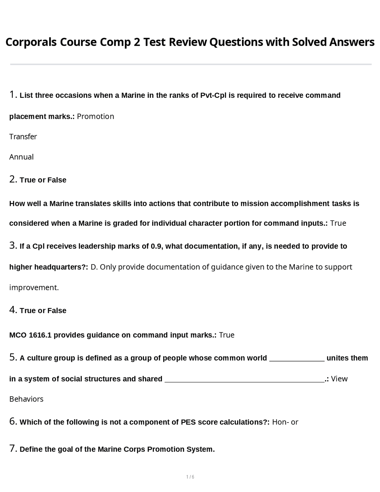 Corporals Course Comp 2 Test Review Questions with Solved Answers: A ...