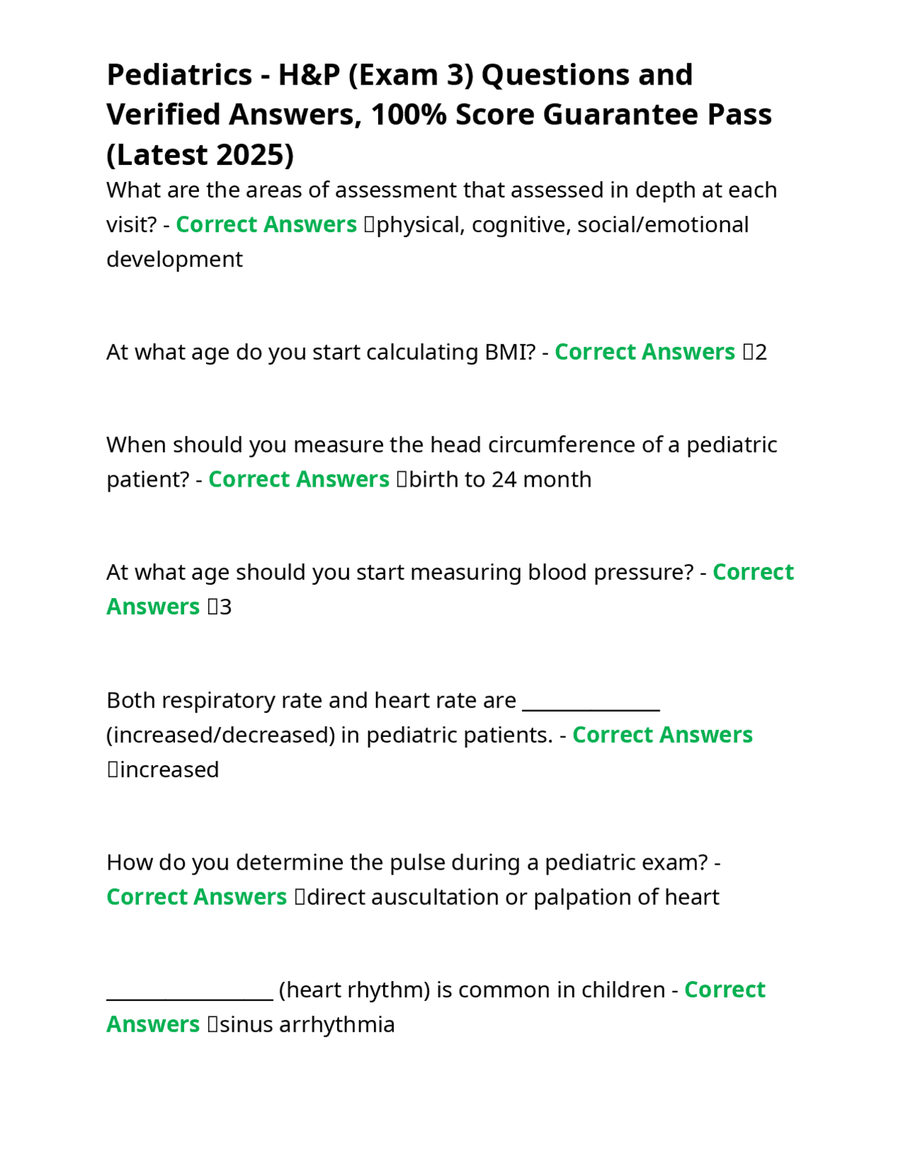 Pediatrics - H&P (Exam 3) Questions and Verified Answers, 100% Score ...
