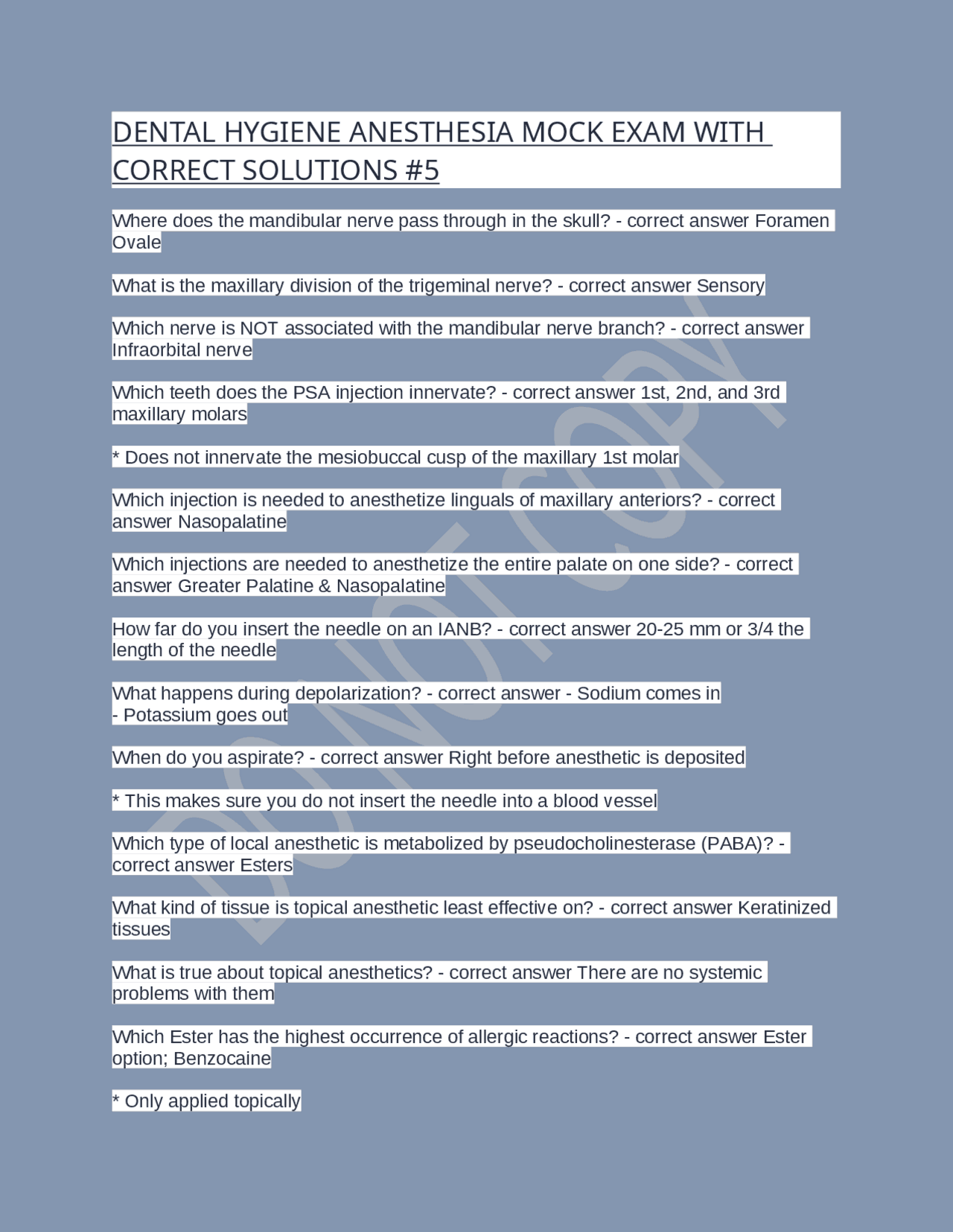 DENTAL HYGIENE ANESTHESIA MOCK EXAM WITH CORRECT SOLUTIONS #5 | Exams ...