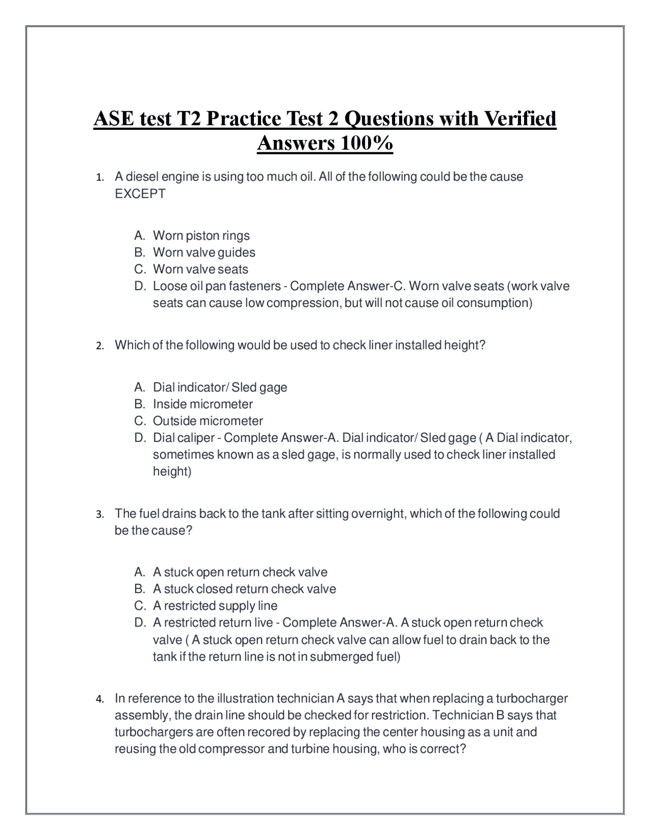 ASE Test T2 Practice Test 2: Diesel Engine Questions and Answers ...