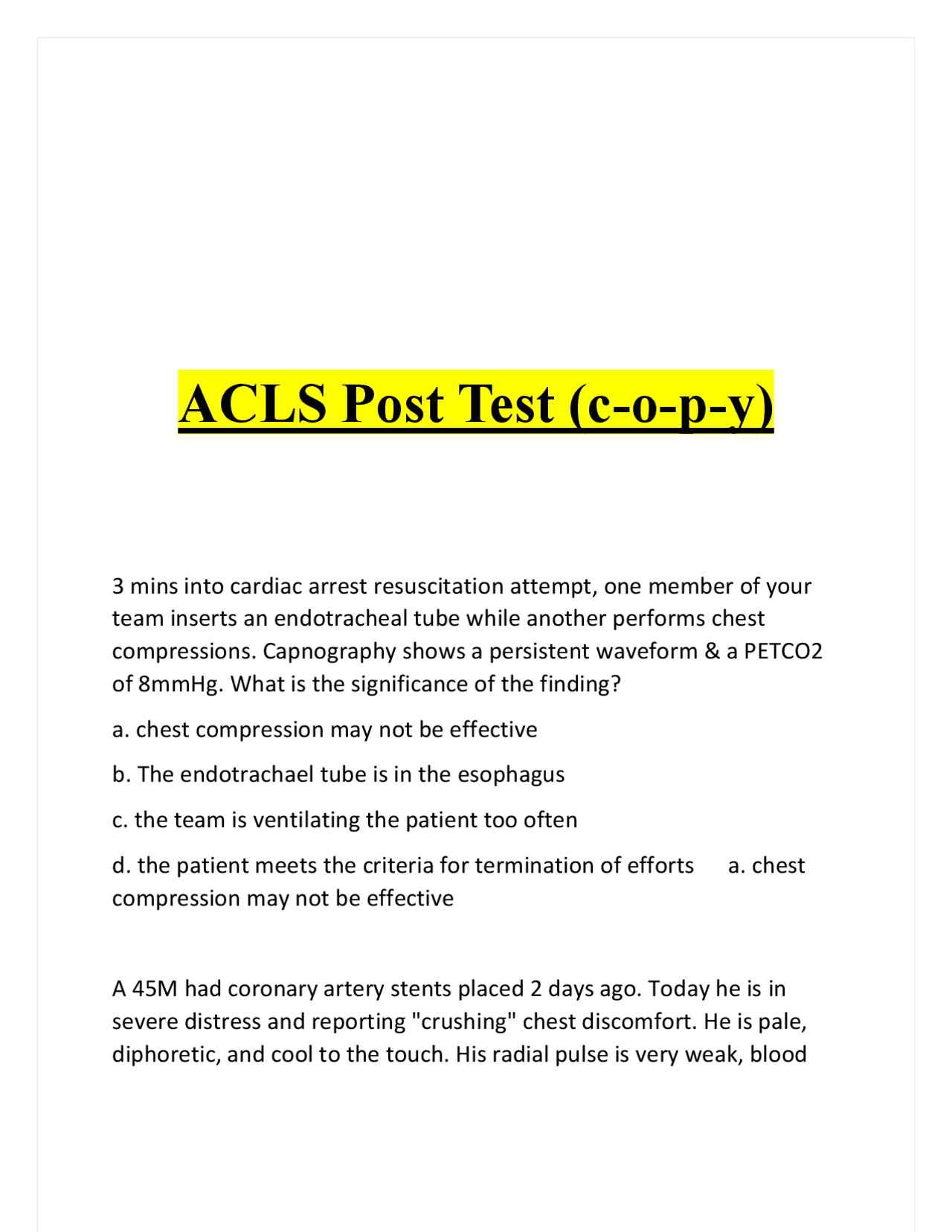 ACLS Post Test (c-o-p-y).pdf | Exams Nursing | Docsity