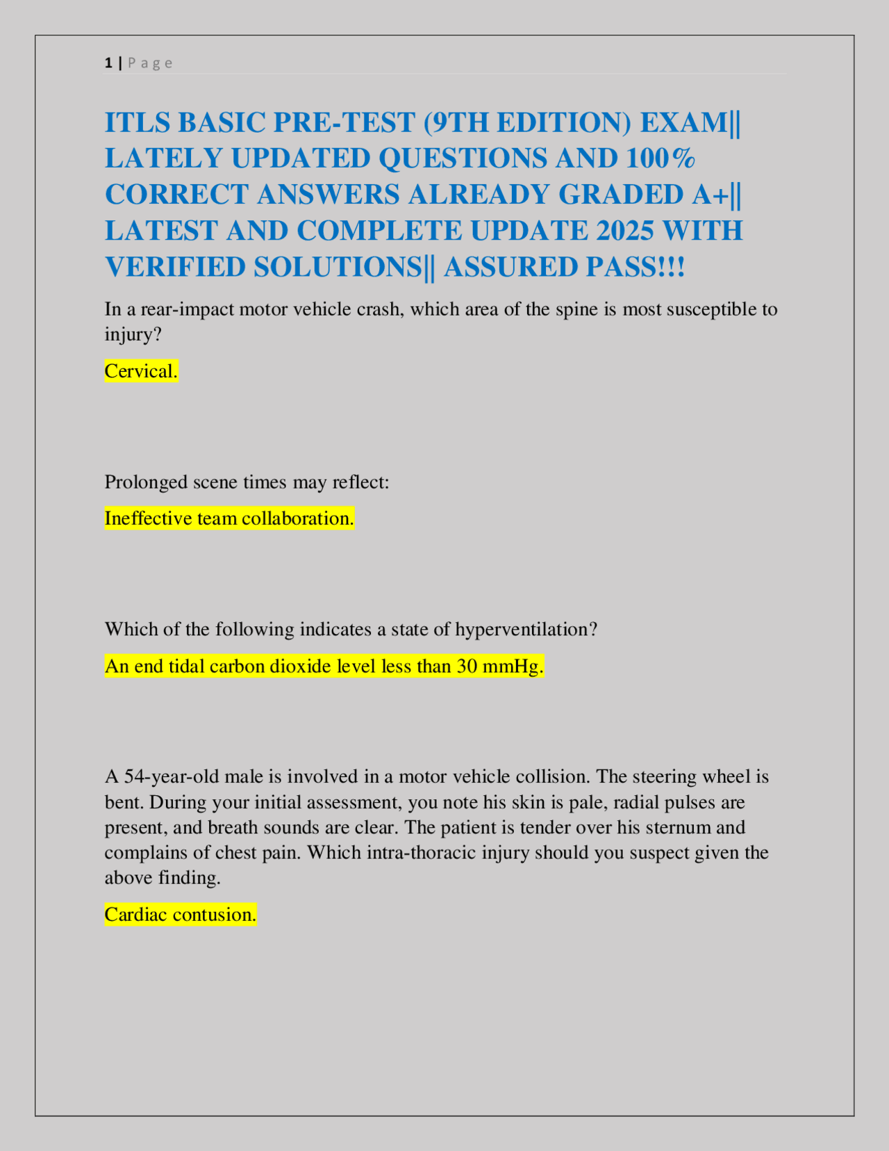 ITLS BASIC PRE-TEST (9TH EDITION) EXAM|| LATELY UPDATED QUESTIONS AND ...