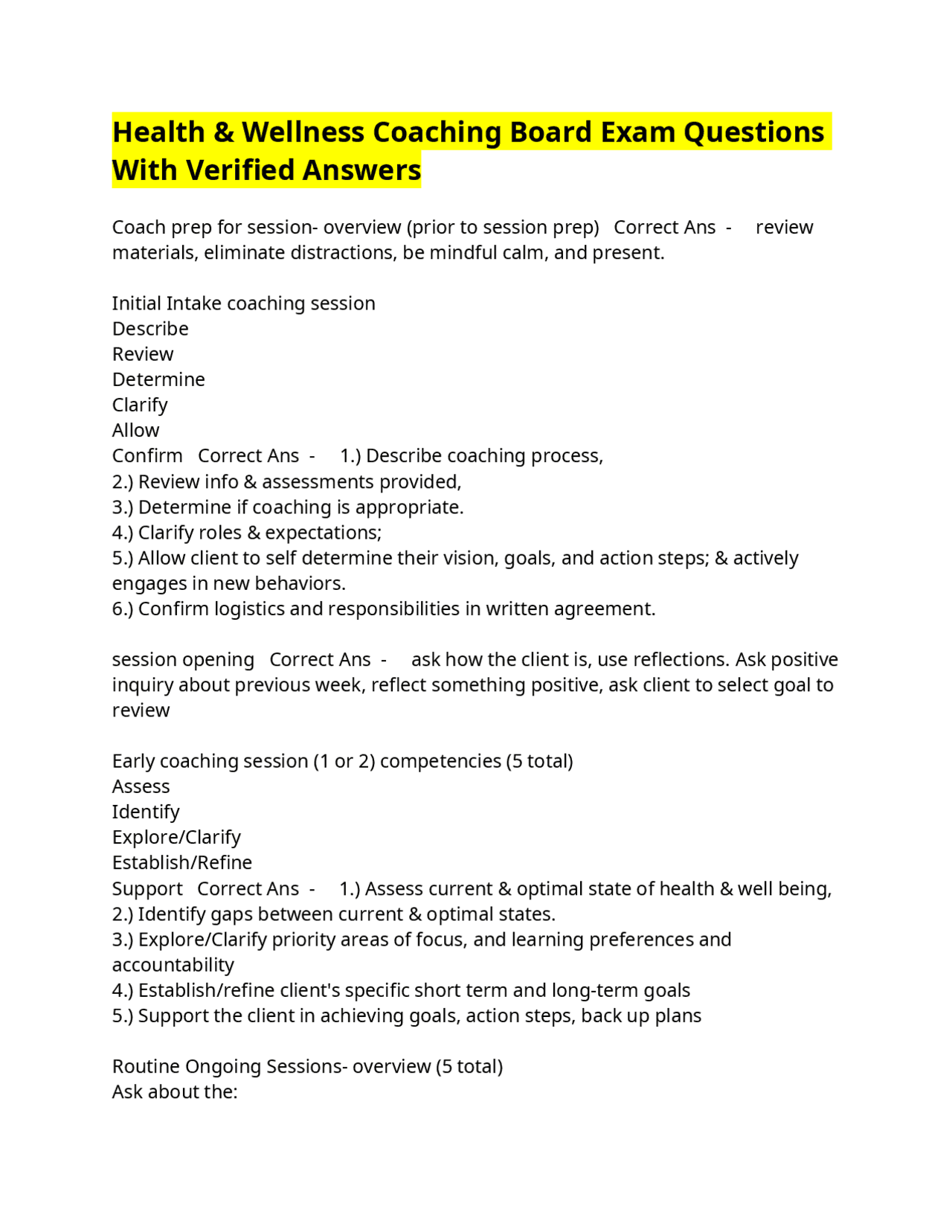 Health & Wellness Coaching Board Exam Questions and Answers | Exams ...