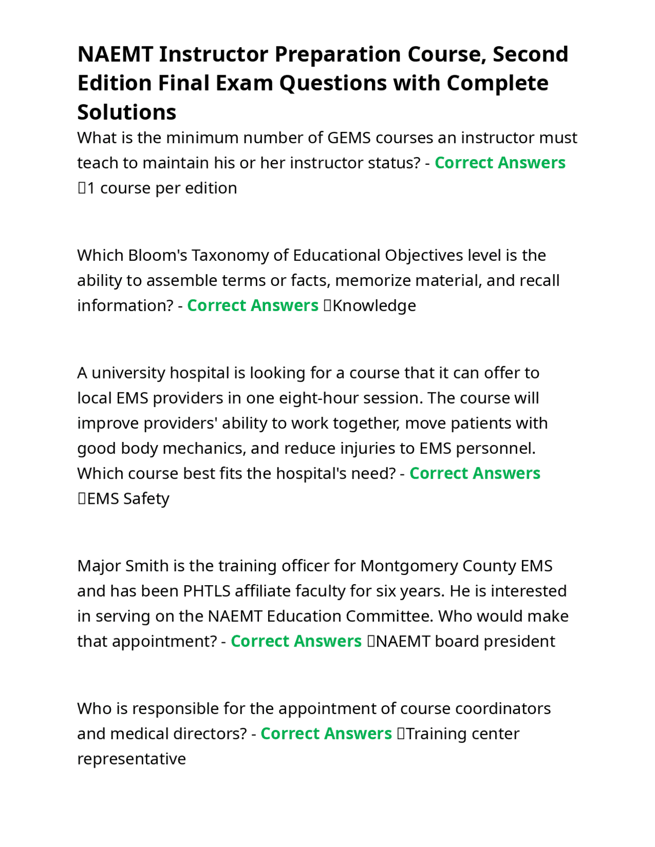NAEMT Instructor Preparation Course, Second Edition Final Exam Questions with Complete Sol ...