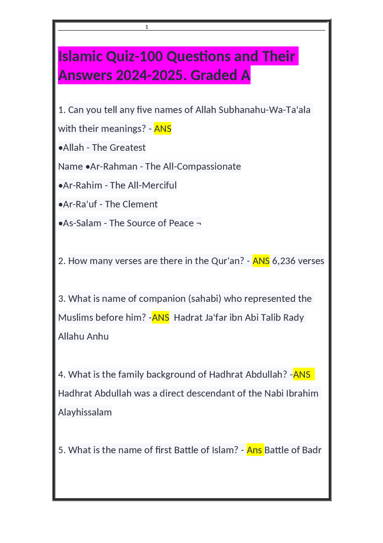 Islamic Quiz-100 Questions and Their Answers 2024-2025. Graded A ...