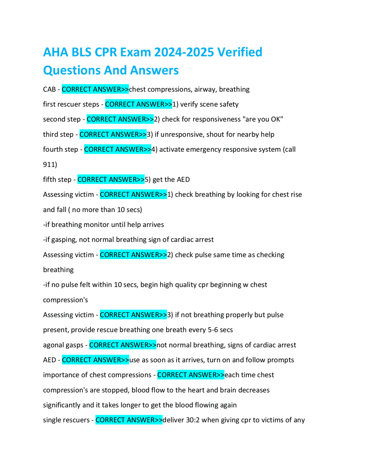 AHA BLS CPR Exam 2024-2025 Verified Questions And Answers | Exams ...