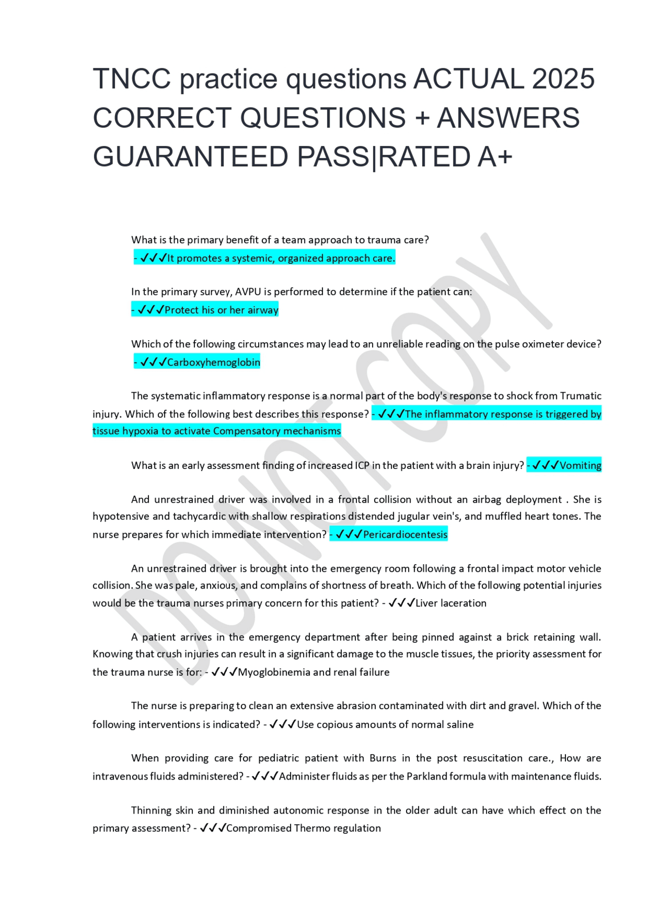 TNCC practice questions ACTUAL 2025 CORRECT QUESTIONS + ANSWERS ...