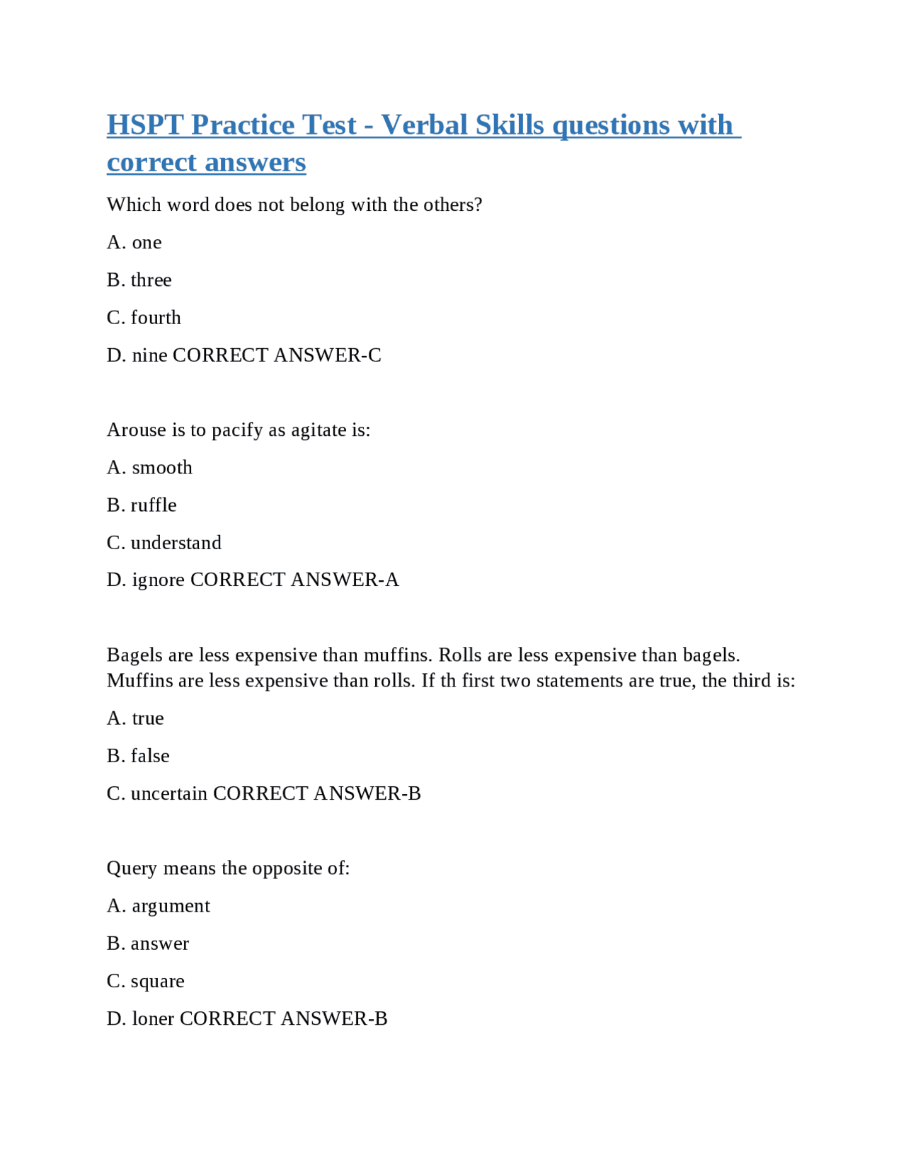 HSPT Practice Test - Verbal Skills questions with correct answers ...