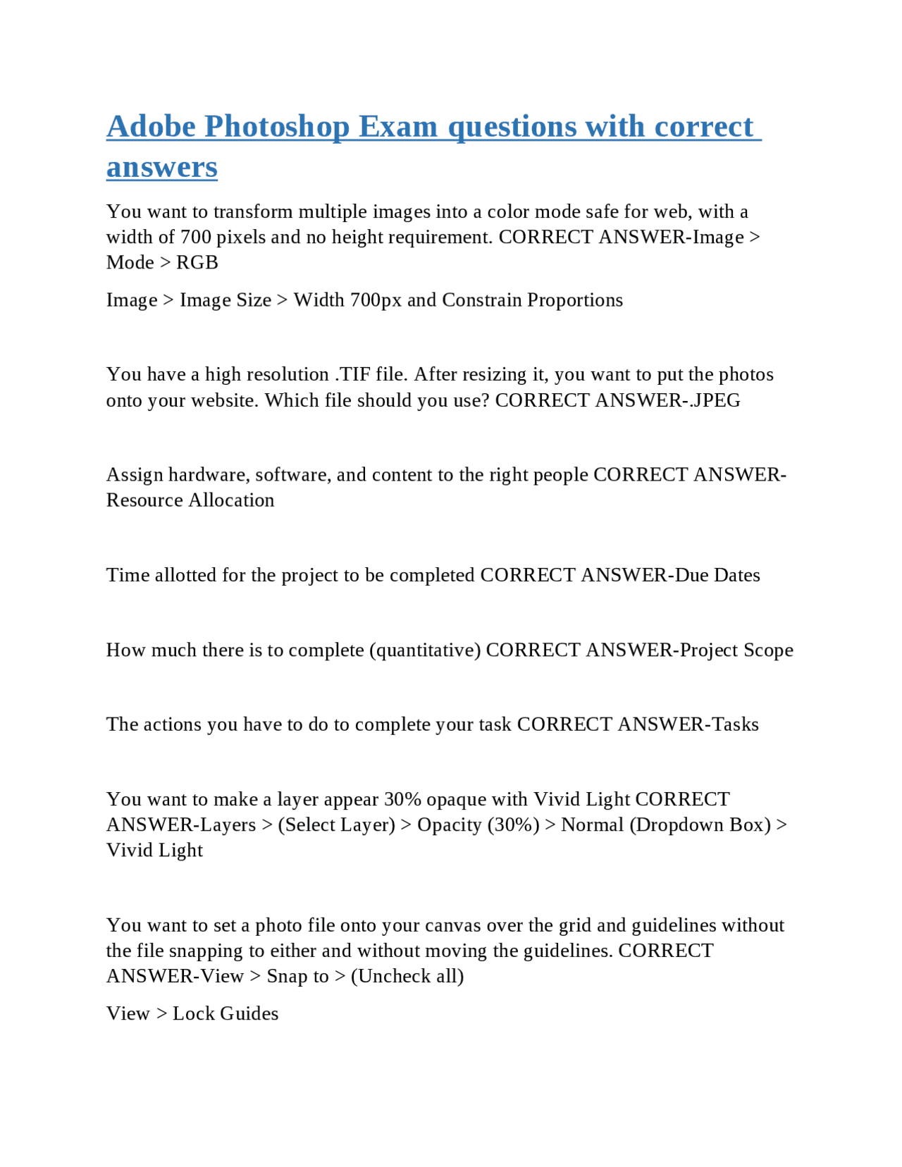 Adobe Photoshop Exam questions with correct answers | Exams Computer ...