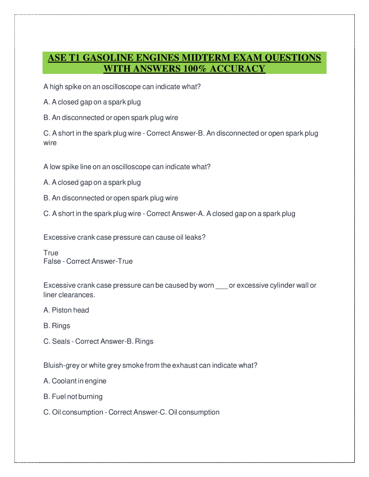 ASE T1 GASOLINE ENGINES MIDTERM EXAM QUESTIONS WITH ANSWERS 100% ACCURACY | Exams Physics | Docsity