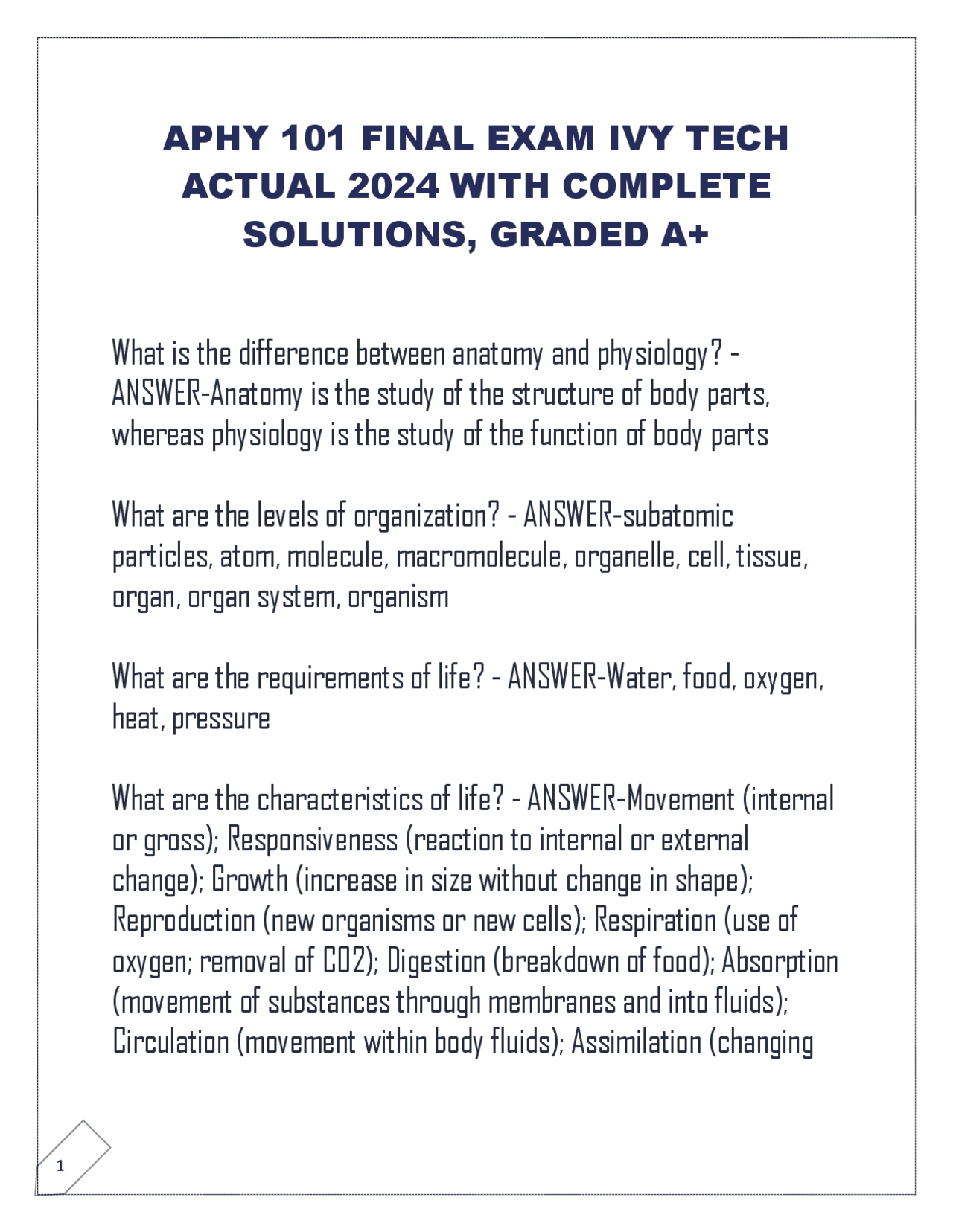 APHY 101 Final Exam: Anatomy and Physiology Review with Solutions ...