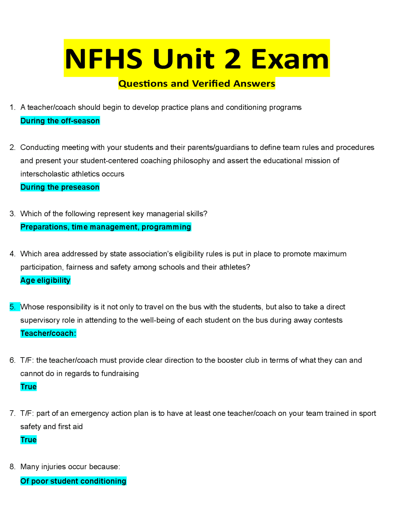 NFHS Unit 2 Test for Spring 2025 /Latest Test with Verified Answers ...