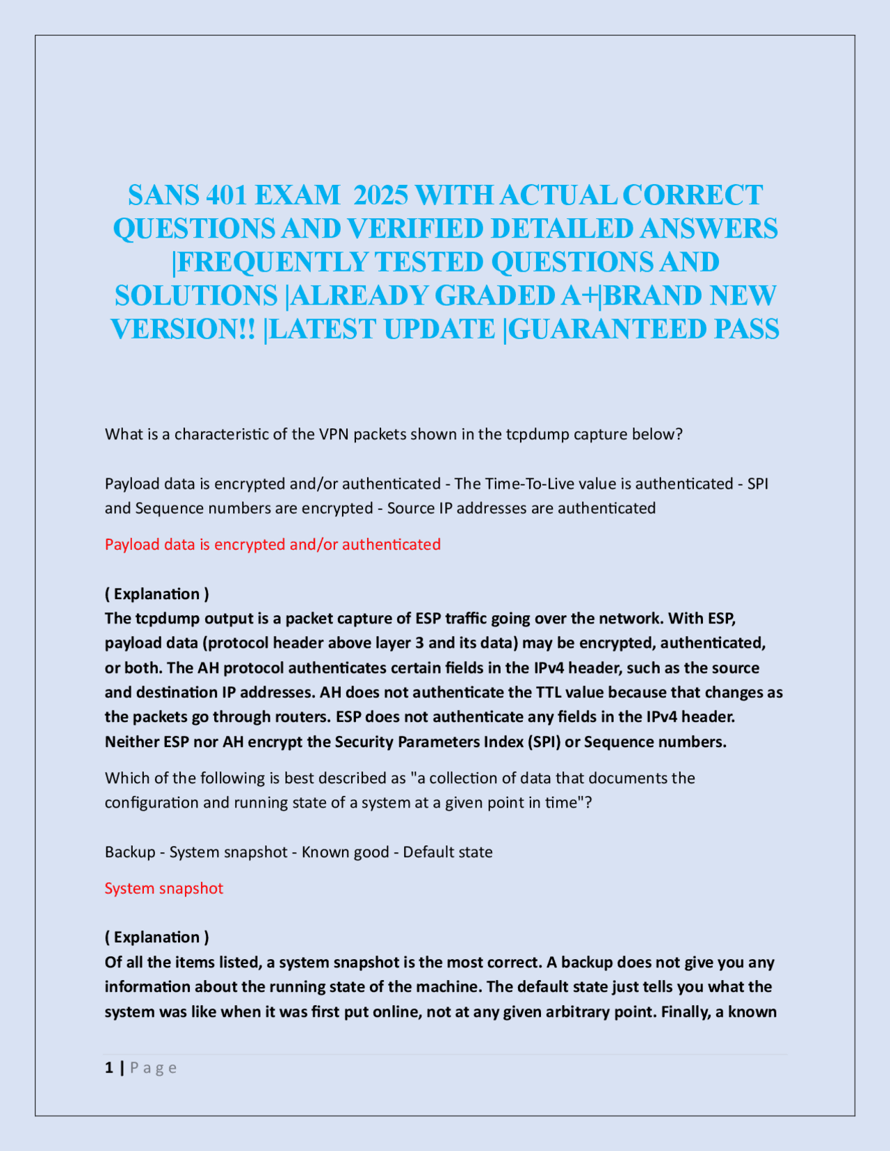 SANS 401 EXAM 2025 WITH ACTUAL | Exams Information Security and Markup ...