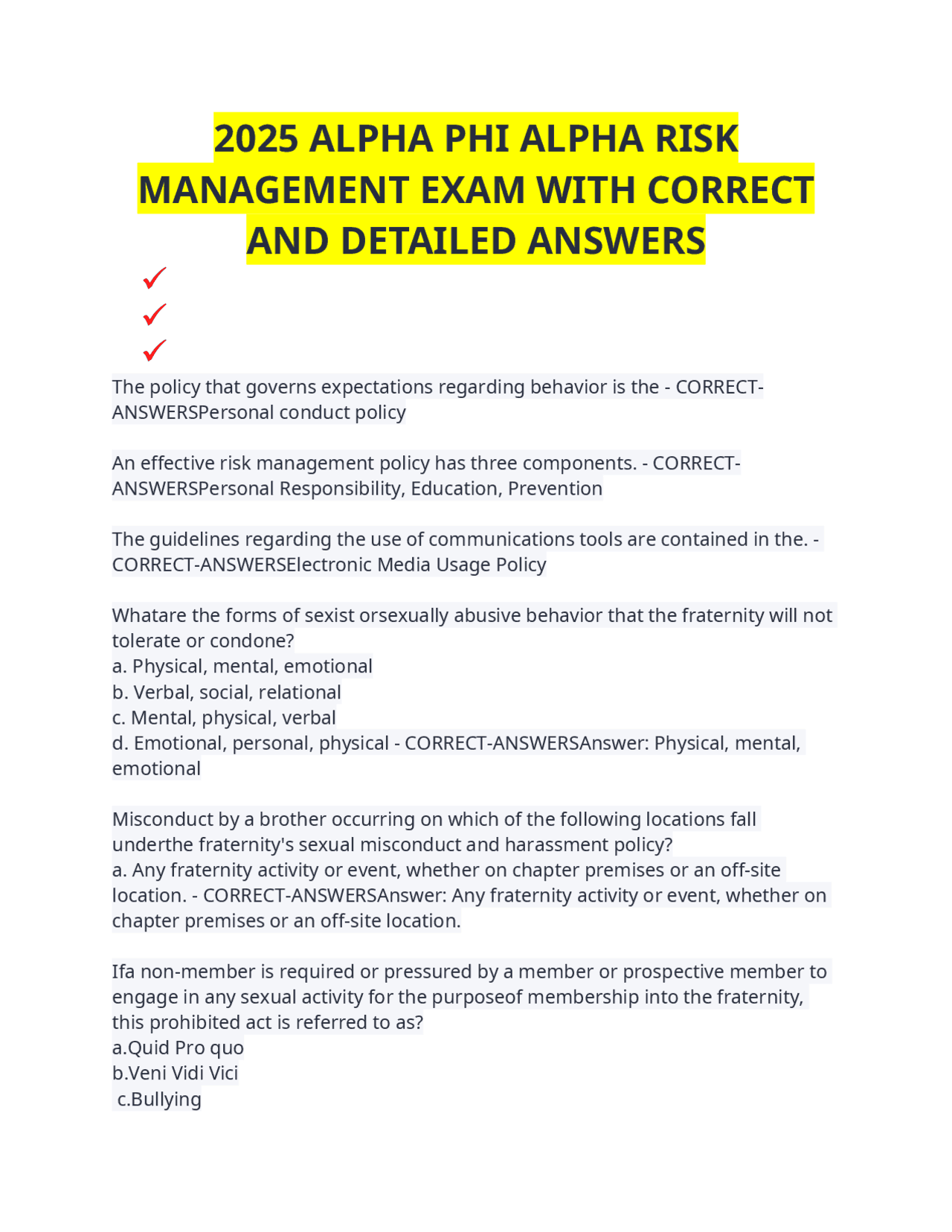 2025 ALPHA PHI ALPHA RISK MANAGEMENT EXAM WITH CORRECT AND DETAILED ...