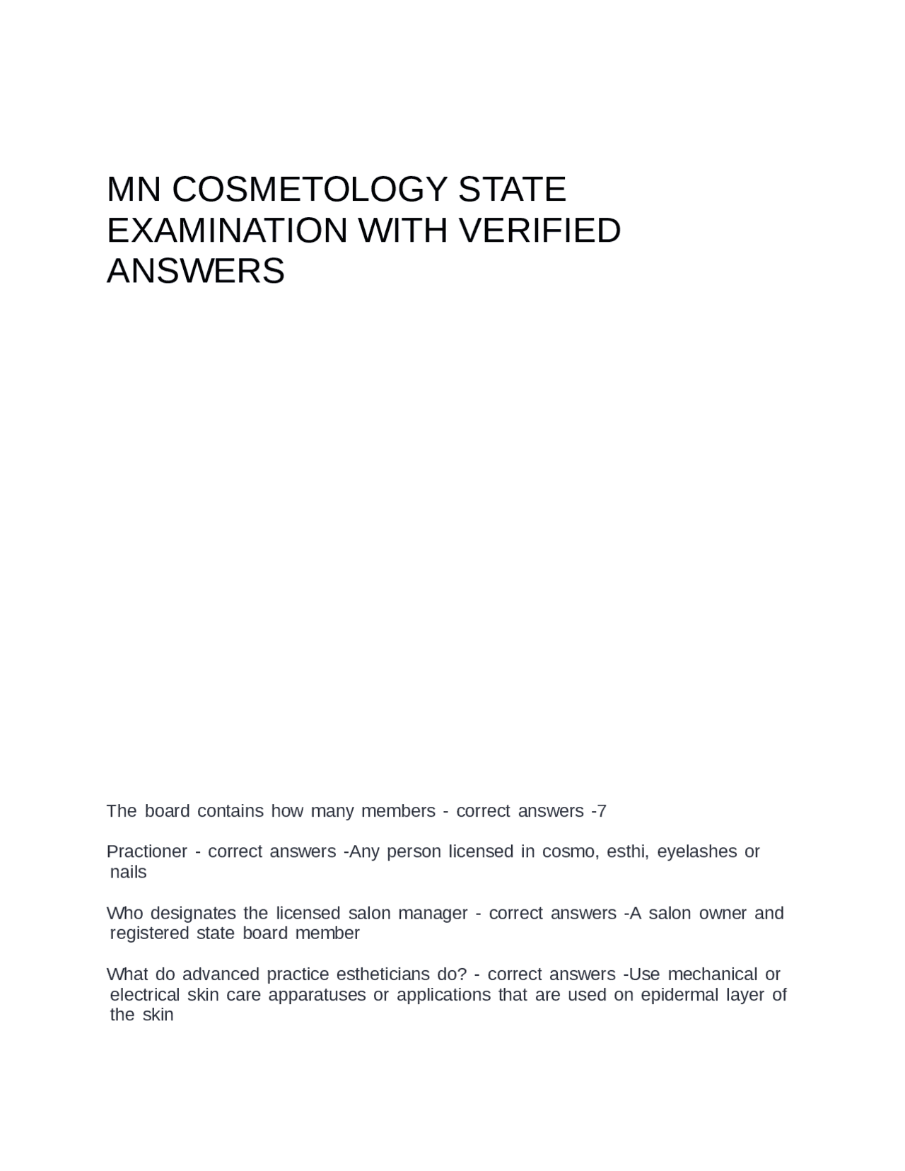 MN Cosmetology State Examination with Verified Answers | Exams Advanced ...