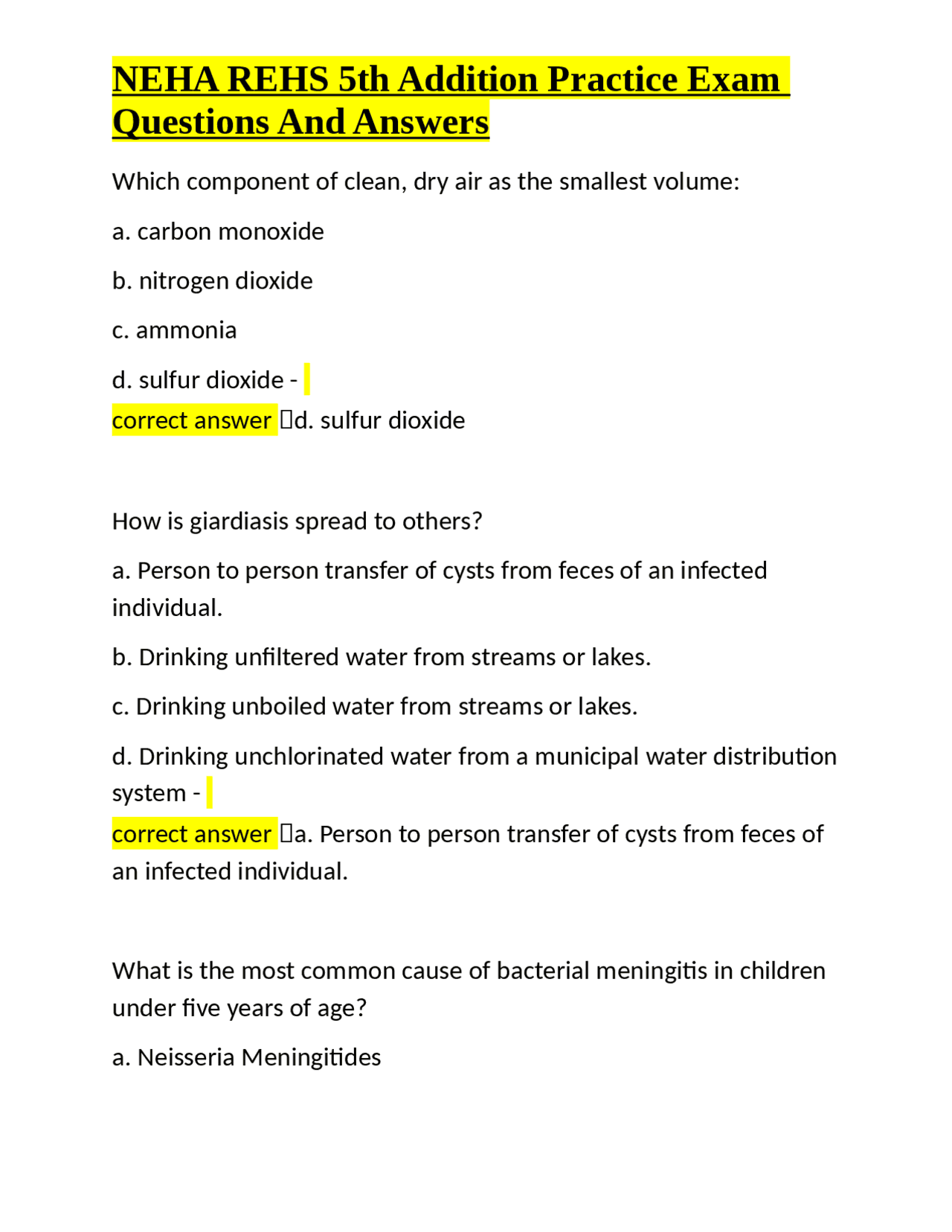 NEHA REHS 5th Addition Practice Exam: Environmental Health and Food ...