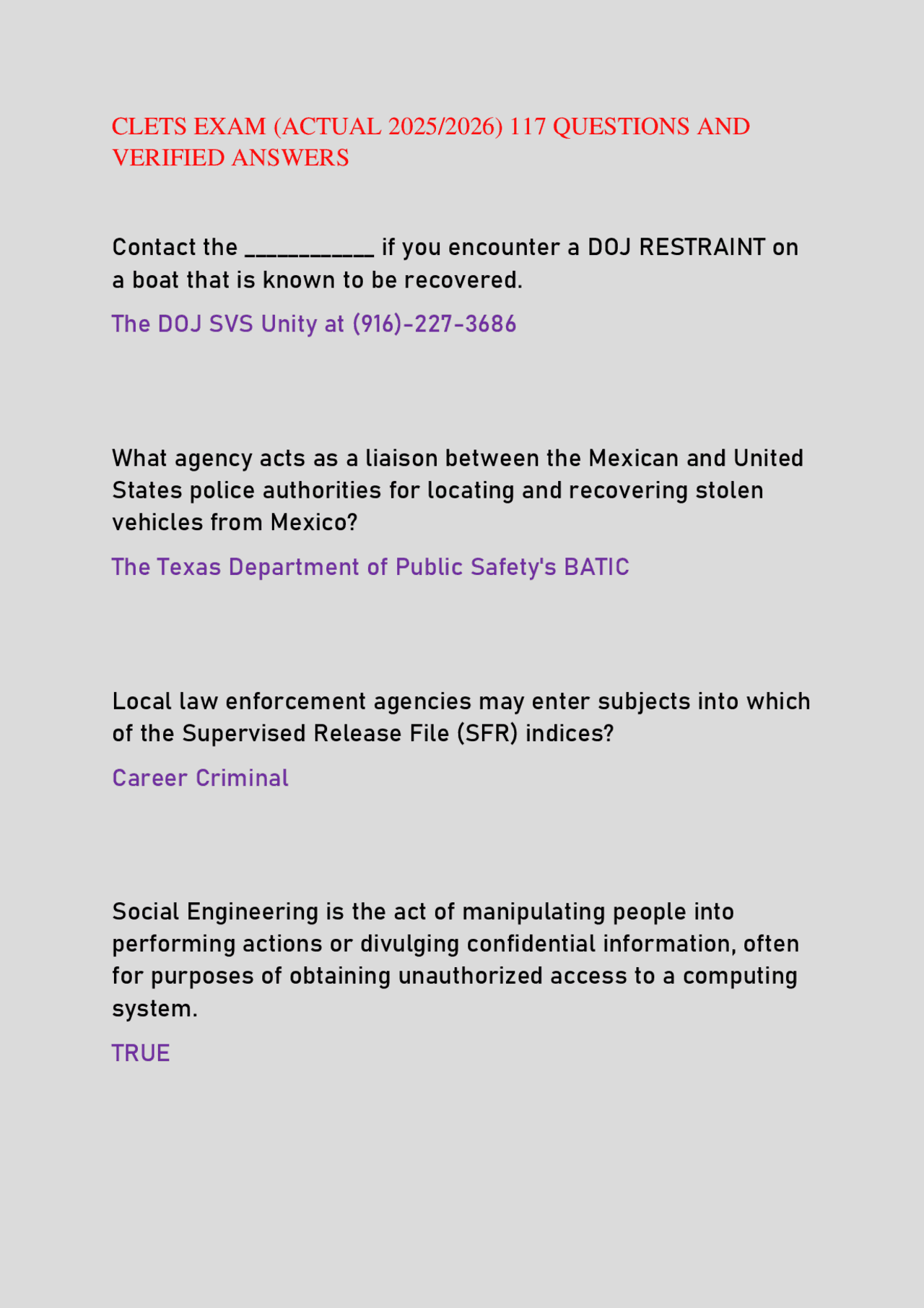 CLETS EXAM (ACTUAL 2025/2026) 117 QUESTIONS AND VERIFIED ANSWERS ...