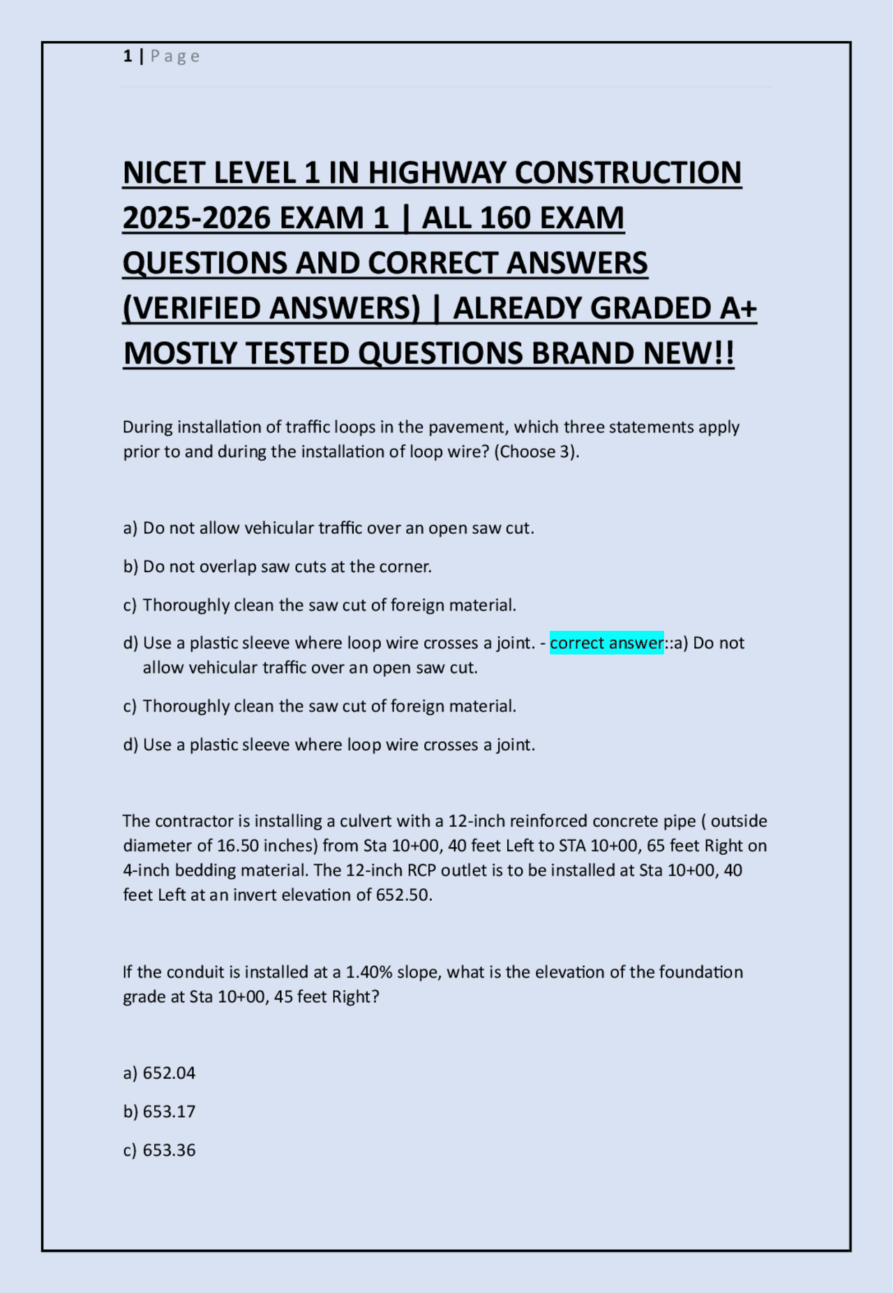 NICET Level 1 in Highway Construction Exam Questions and Answers ...