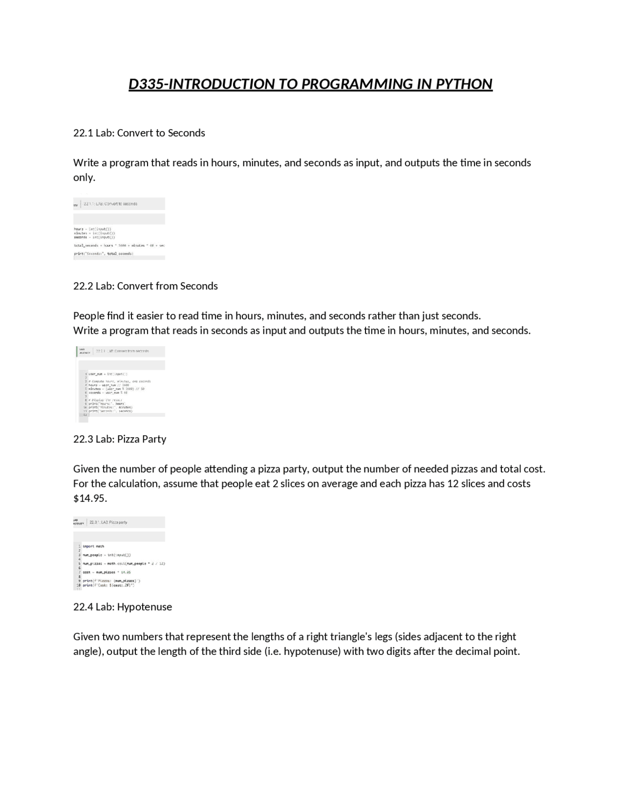Introduction to Programming in Python: Lab Exercises | Exams Advanced Education | Docsity