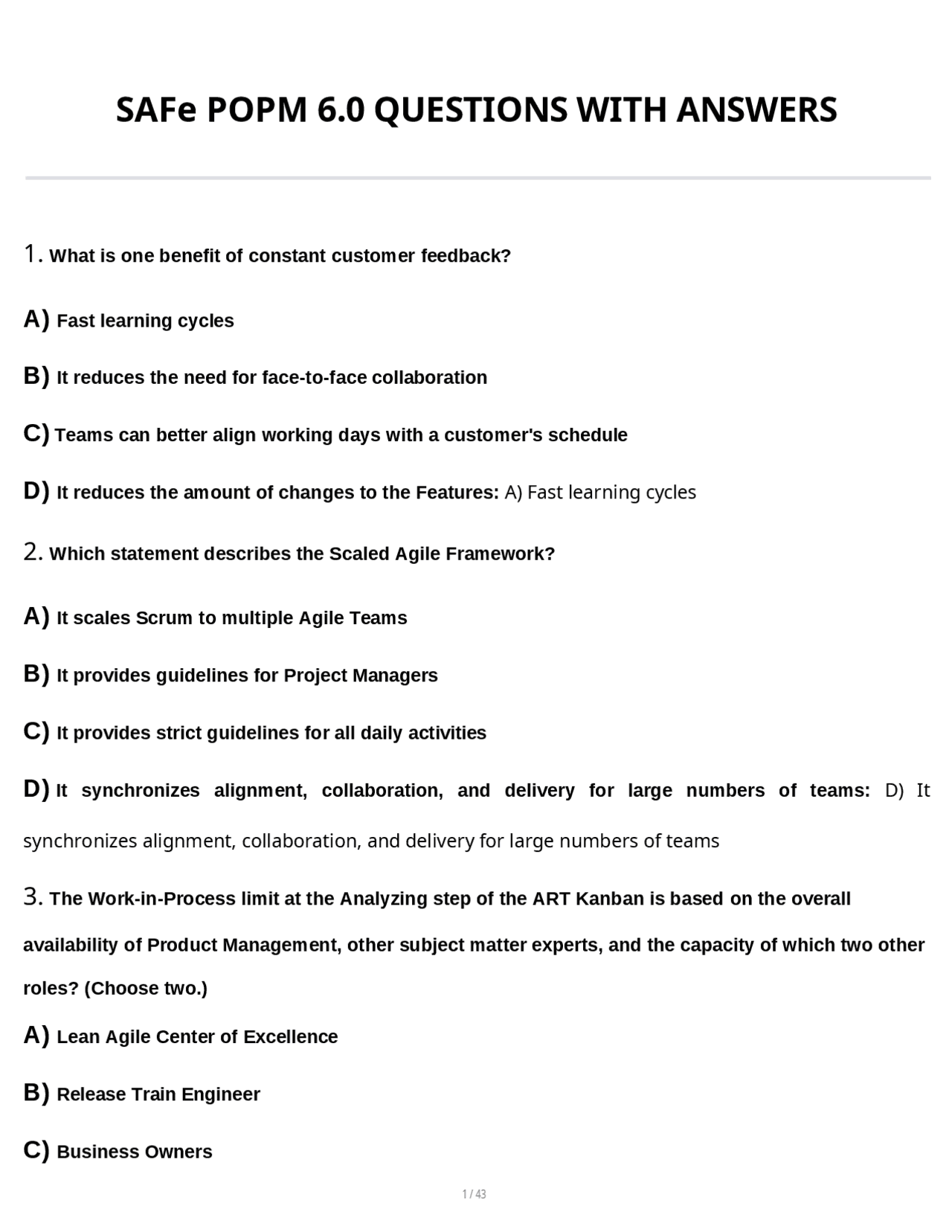 SAFe POPM 6.0 Questions and Answers: A Comprehensive Guide for Agile ...