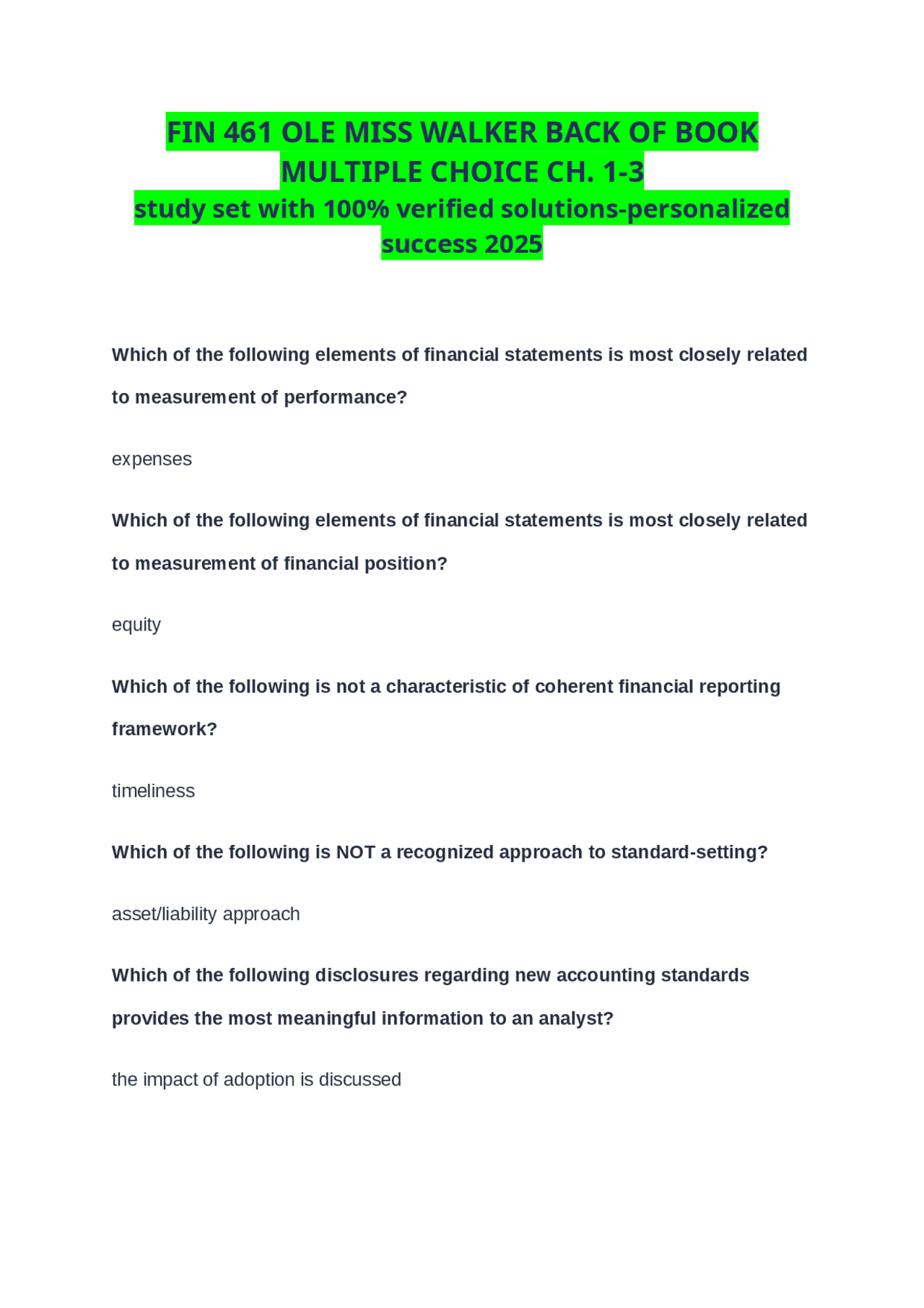 FIN 461 OLE MISS WALKER BACK OF BOOK MULTIPLE CHOICE CH. 1-3 study set ...