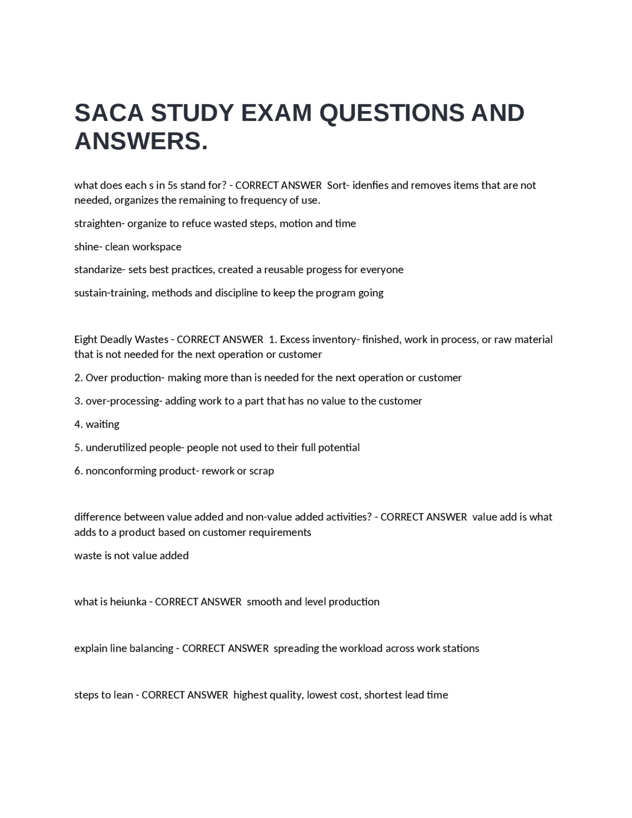SACA STUDY EXAM QUESTIONS AND ANSWERS. | Exams Nursing | Docsity