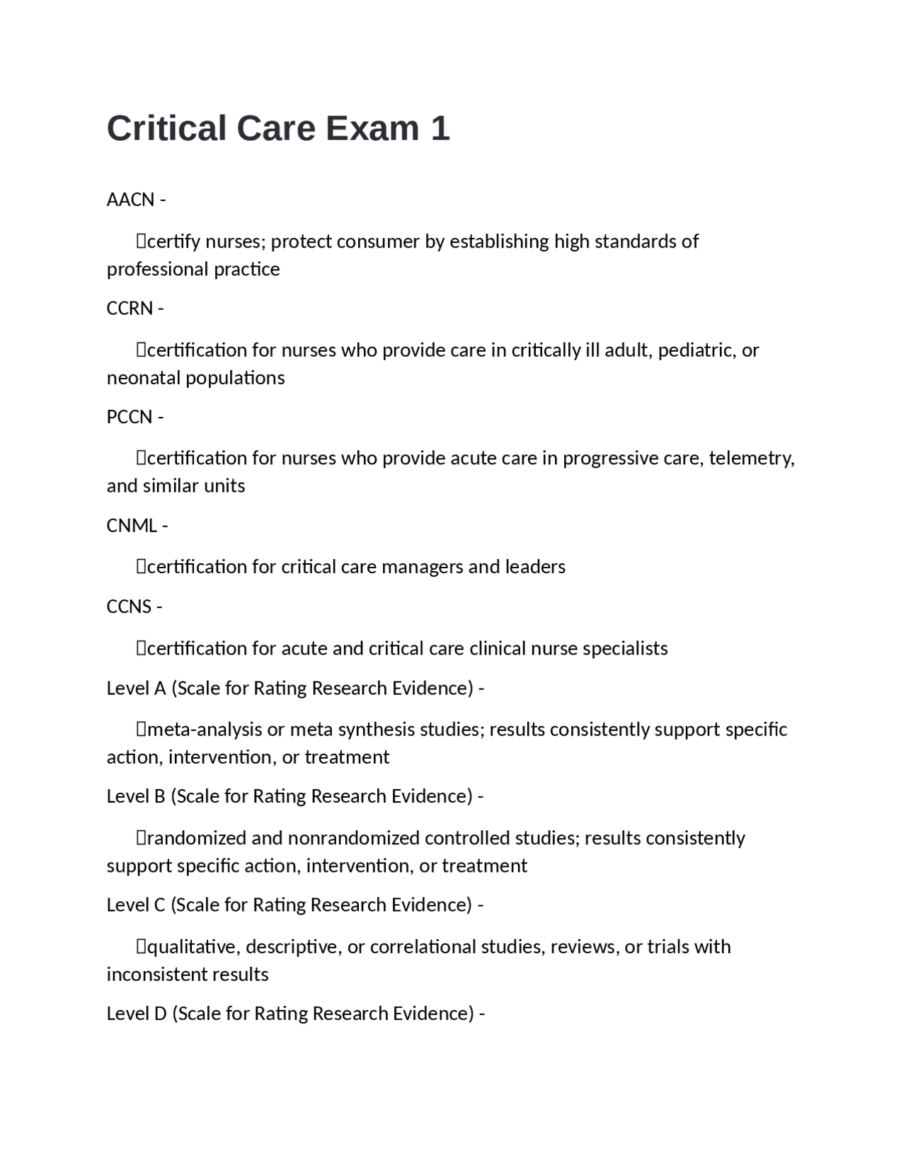 Critical Care Exam 1 | Exams Nursing | Docsity
