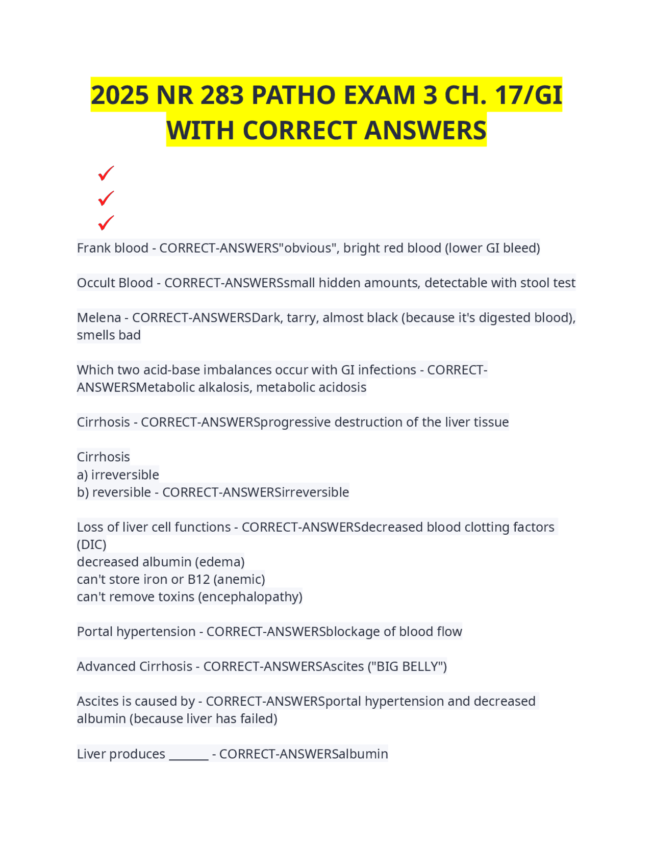 2025 NR 283 PATHO EXAM 3 CH. 17/GI WITH CORRECT ANSWERS | Exams ...