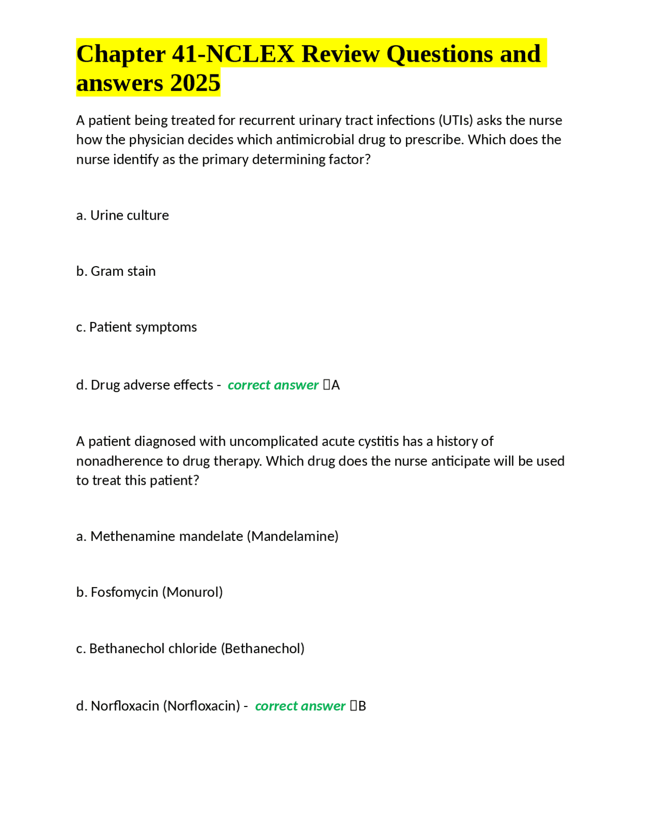 NCLEX Review Questions and Answers: Urinary Tract Infections | Exams ...