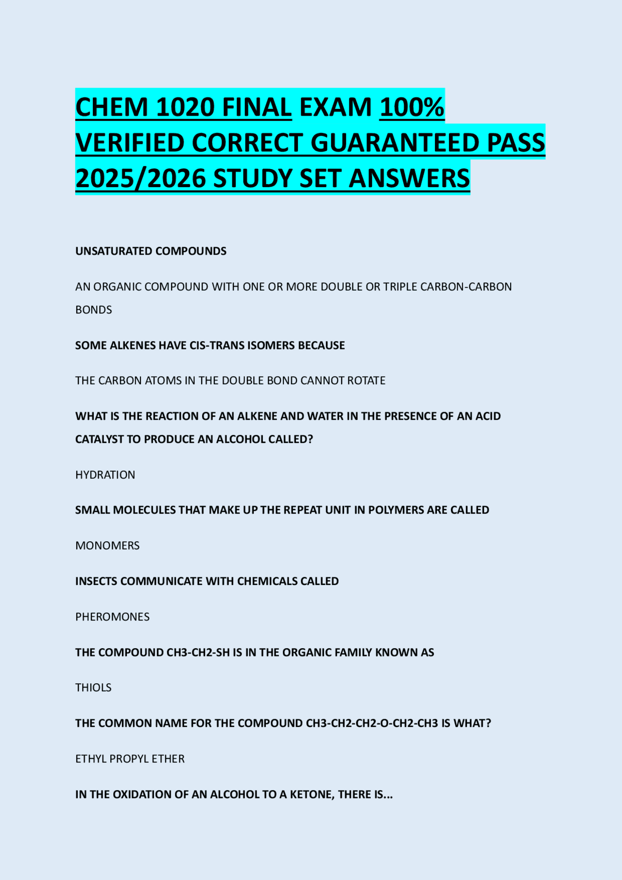 CHEM 1020 FINAL EXAM 100% VERIFIED CORRECT GUARANTEED PASS 2025/2026 ...