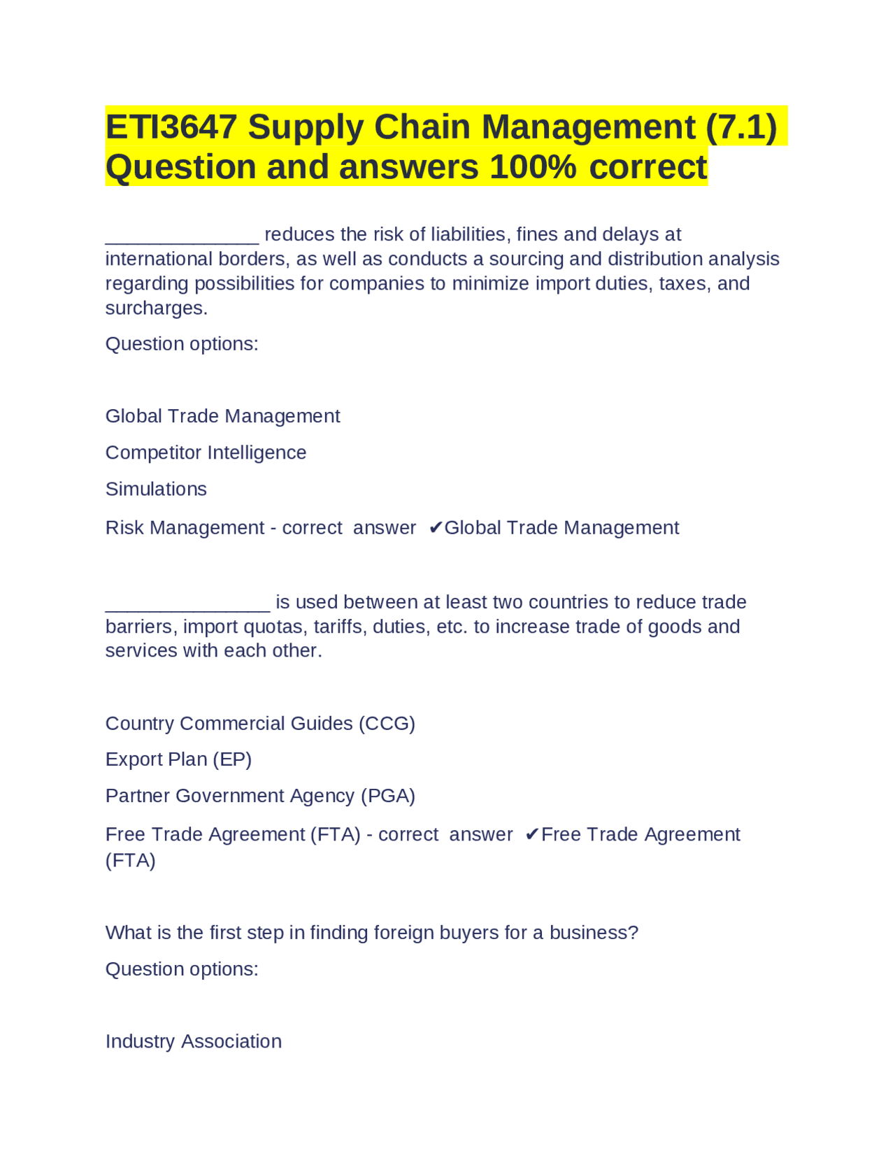 Supply Chain Management: Multiple Choice Questions and Answers | Exams ...