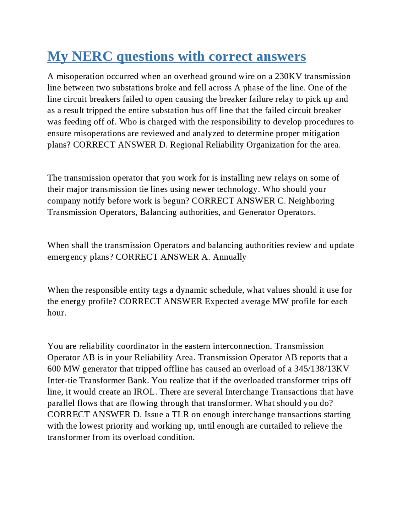 NERC Questions and Answers: Transmission System Operations and ...