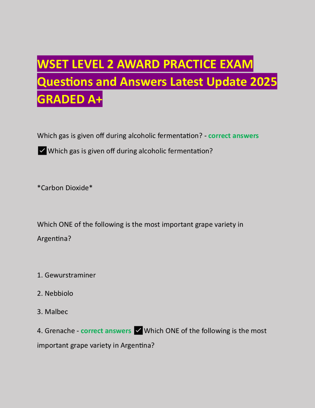WSET LEVEL 2 AWARD PRACTICE EXAM Questions and Answers Latest Update ...