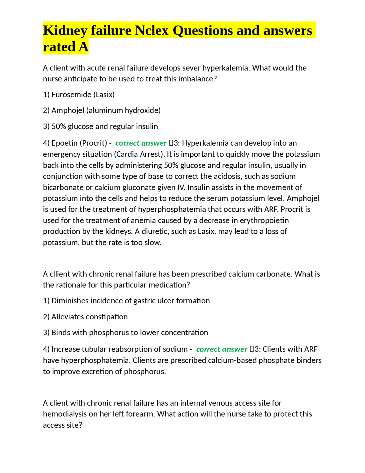 Kidney failure Nclex Questions and answers rated A | Exams Nursing ...
