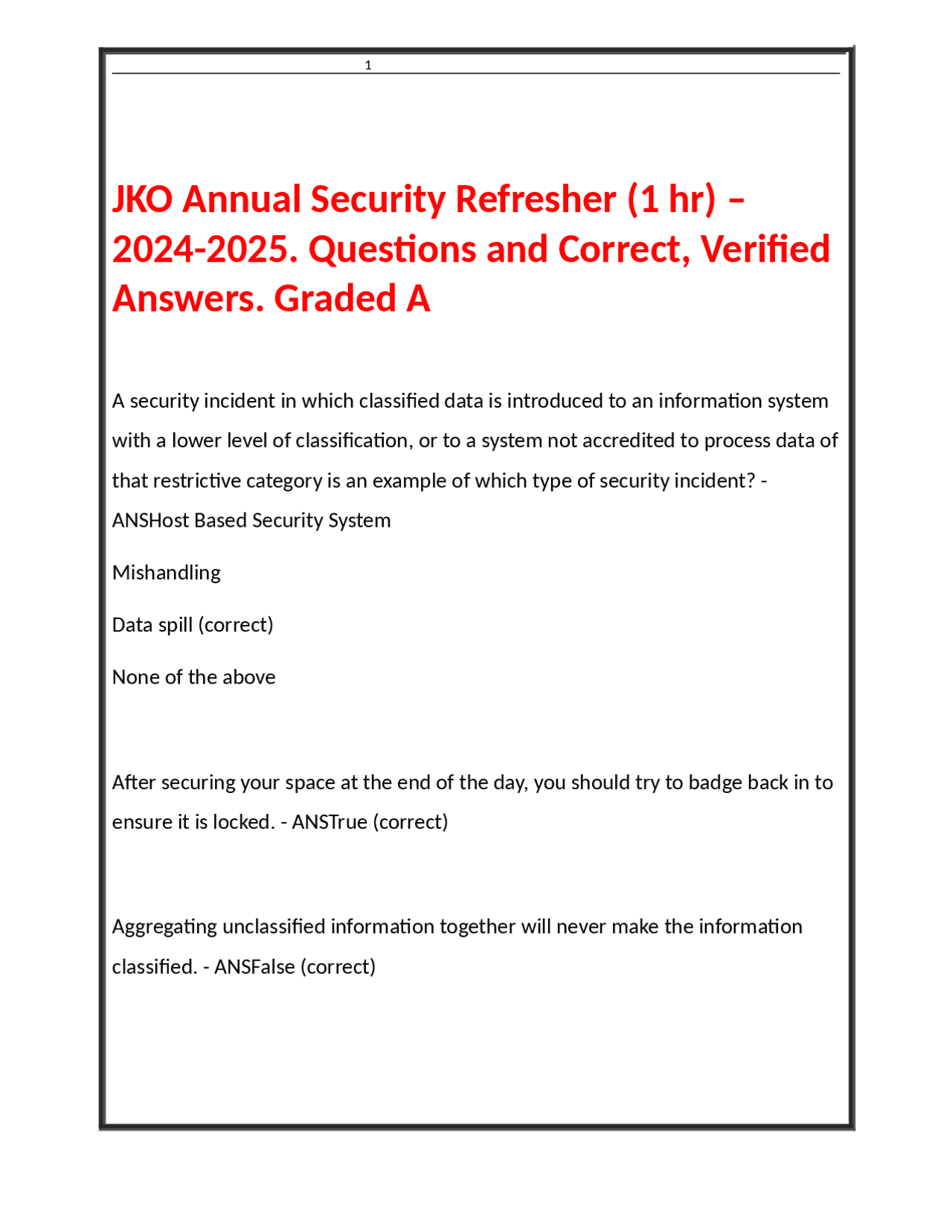 JKO Annual Security Refresher (1 hr) – 2024-2025. Questions and Correct ...