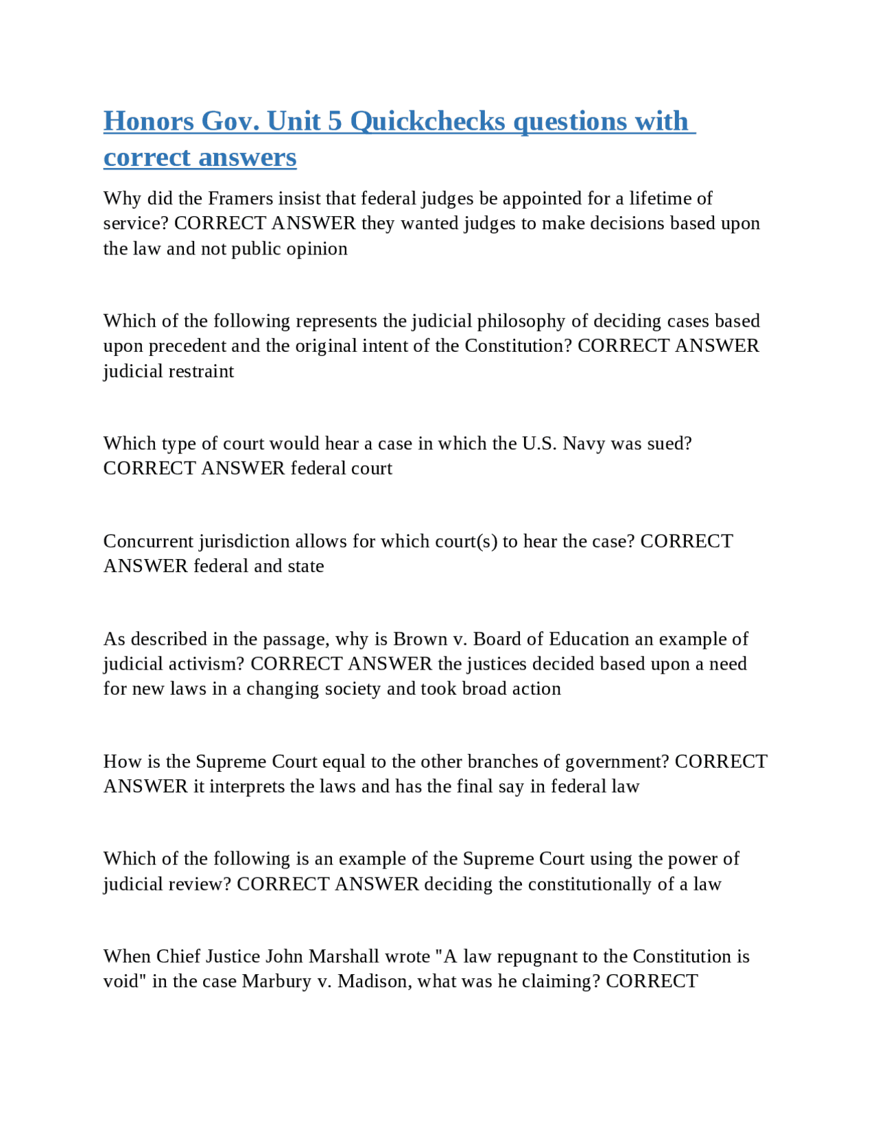 Honors Government Unit 5 Quickchecks: Questions and Answers on the ...