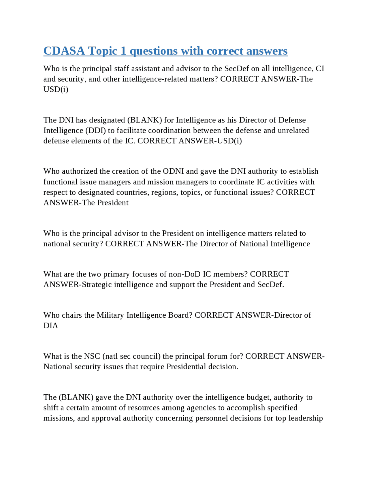 CDASA Topic 1 questions with correct answers | Exams Computer Science | Docsity