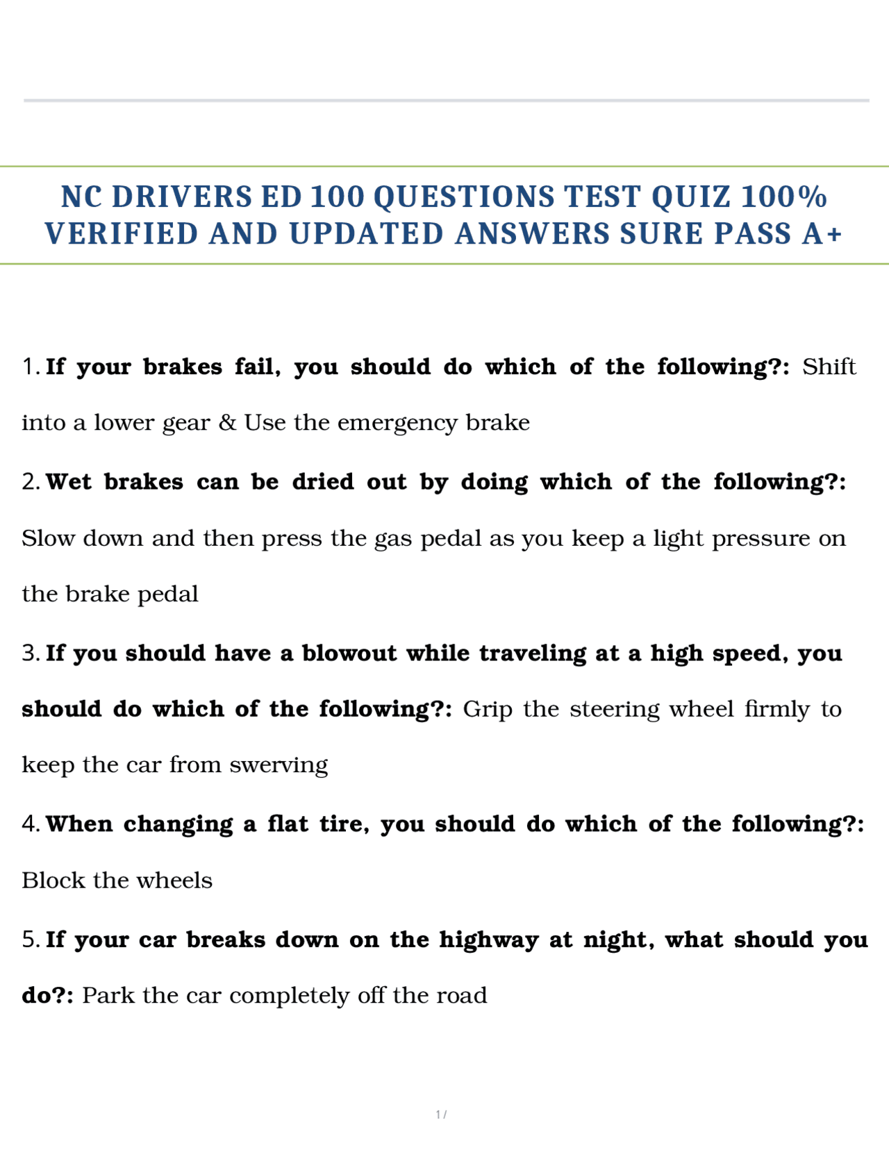 NC DRIVERS ED 100 QUESTIONS TEST QUIZ 100% VERIFIED AND UPDATED ANSWERS ...
