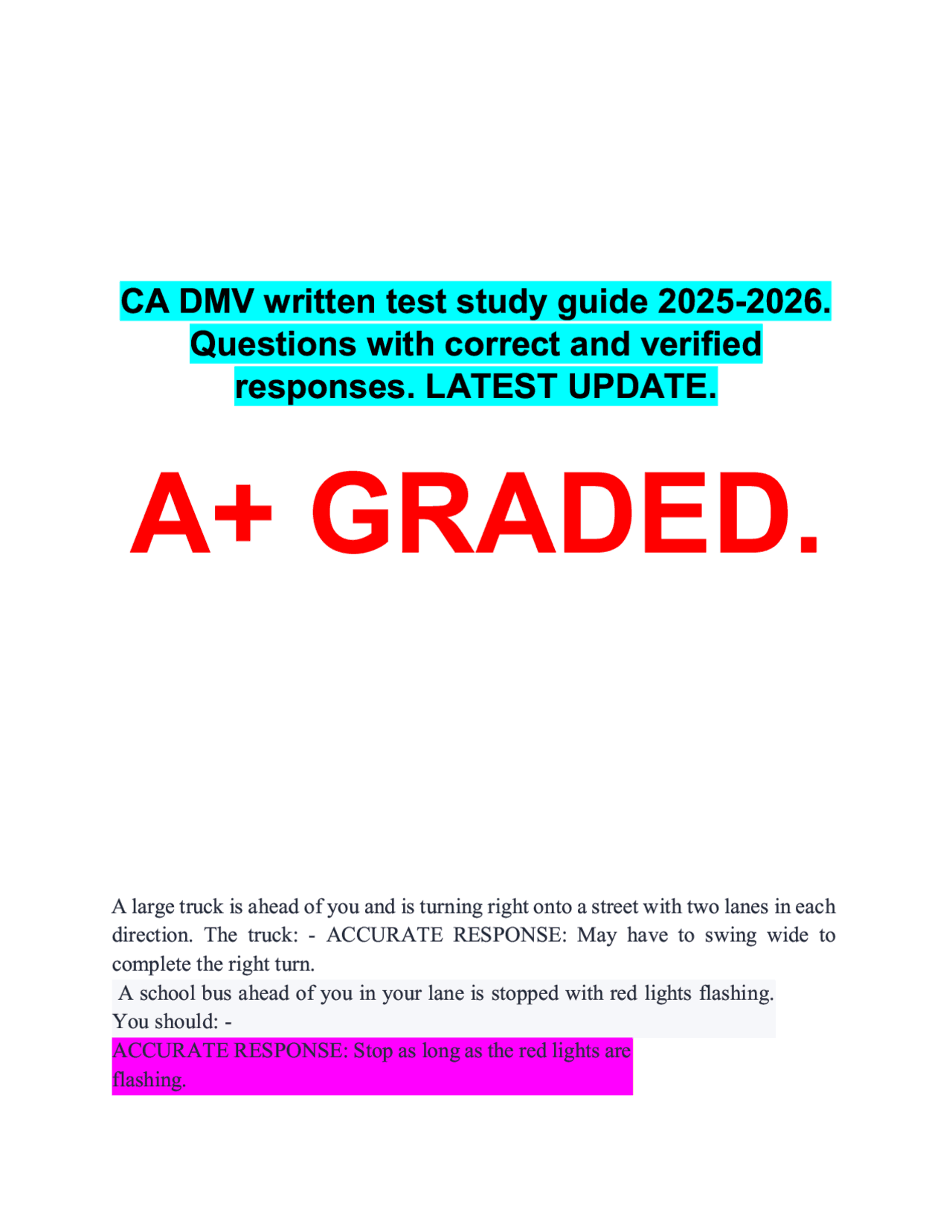 CA DMV written test study guide 2025-2026. Questions with correct and ...