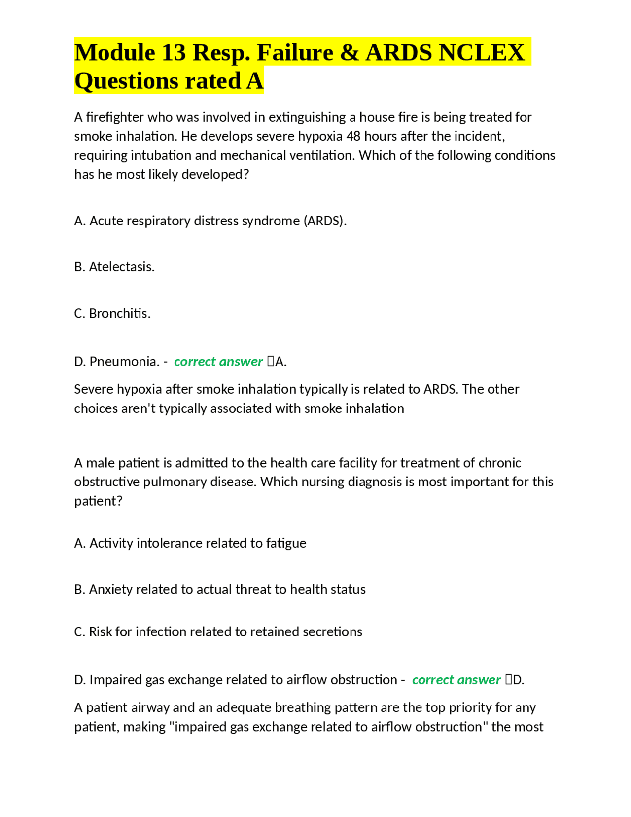 Module 13: Respiratory Failure & ARDS NCLEX Questions | Exams Nursing ...