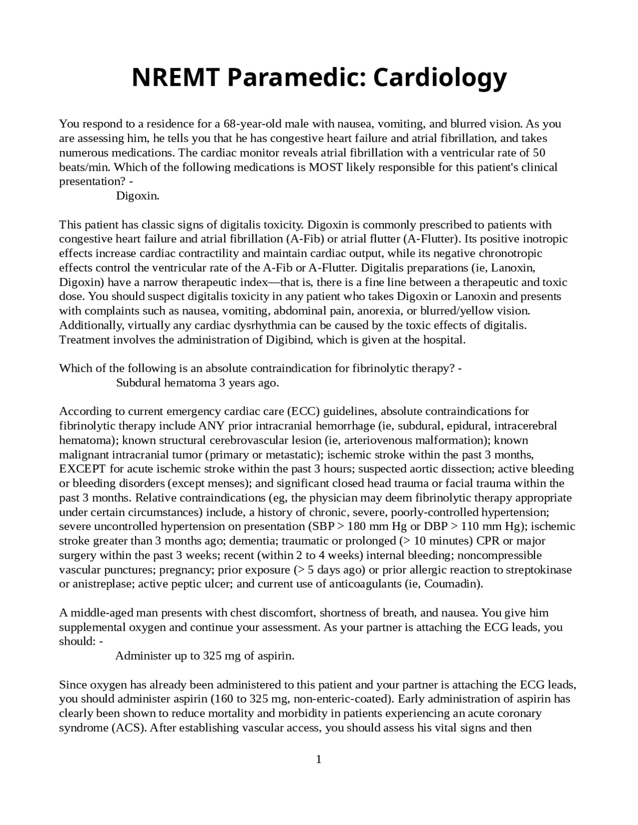 NREMT Paramedic: Cardiology - Multiple Choice Questions and Answers ...