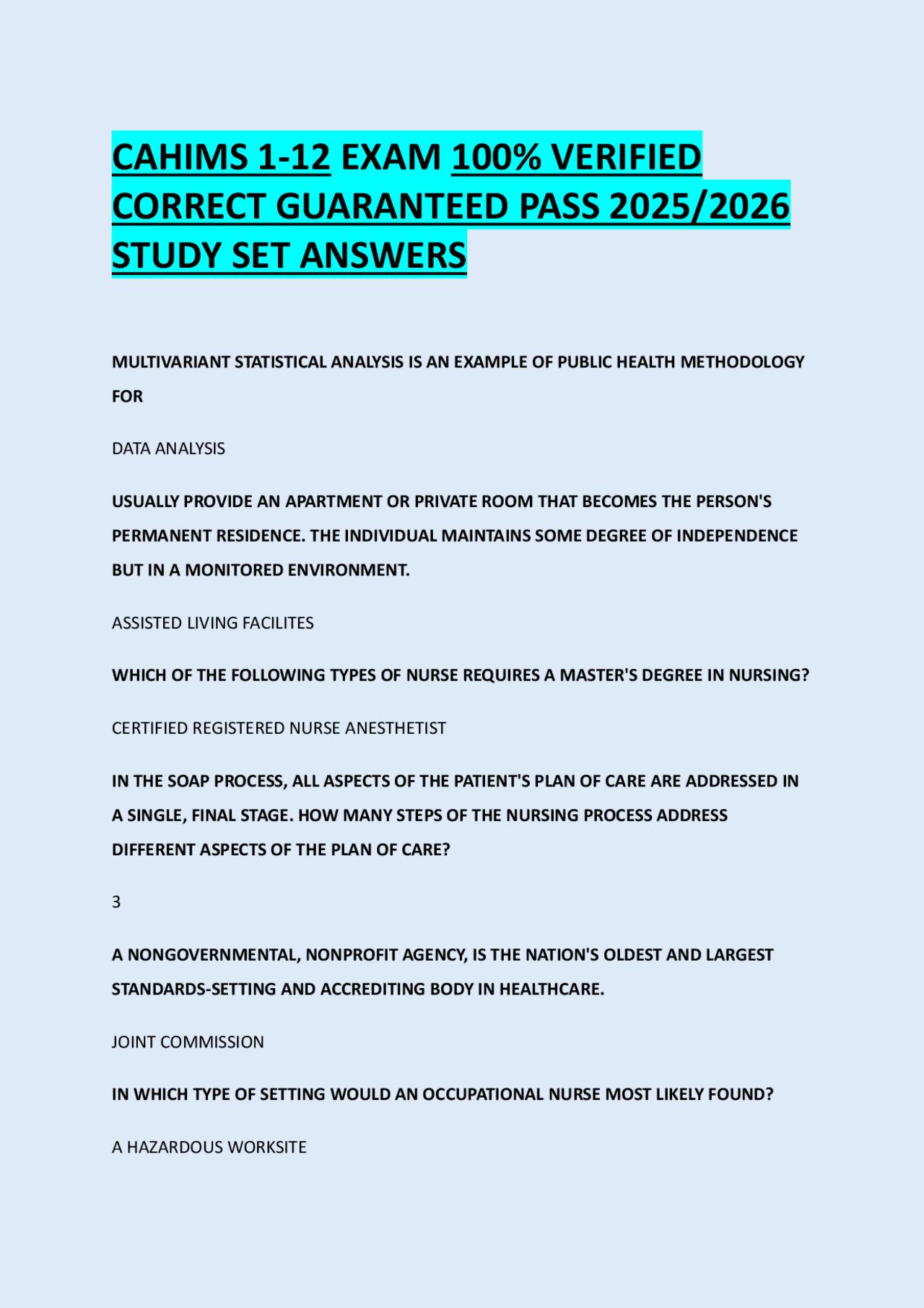 CAHIMS 1-12 EXAM 100% VERIFIED CORRECT GUARANTEED PASS 2025/2026 STUDY ...