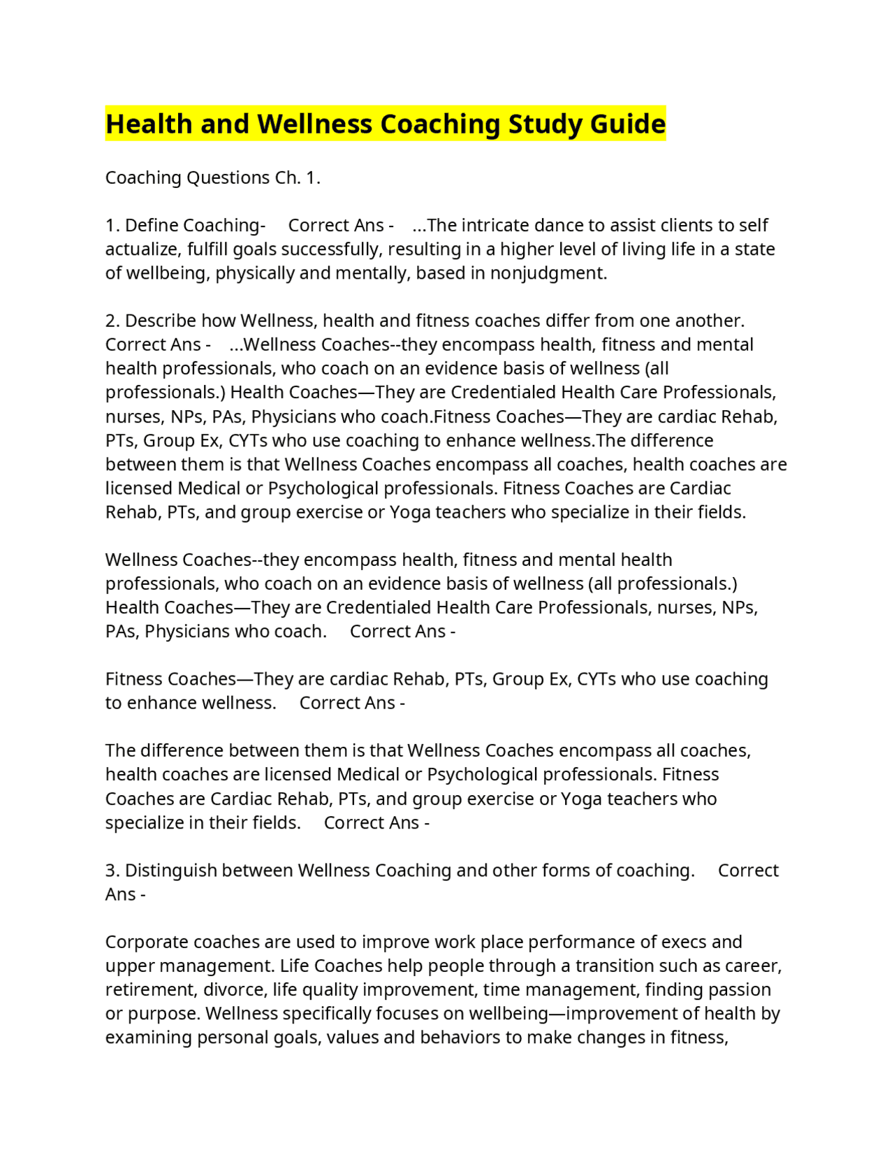 Health and Wellness Coaching Study Guide: Coaching Questions and ...